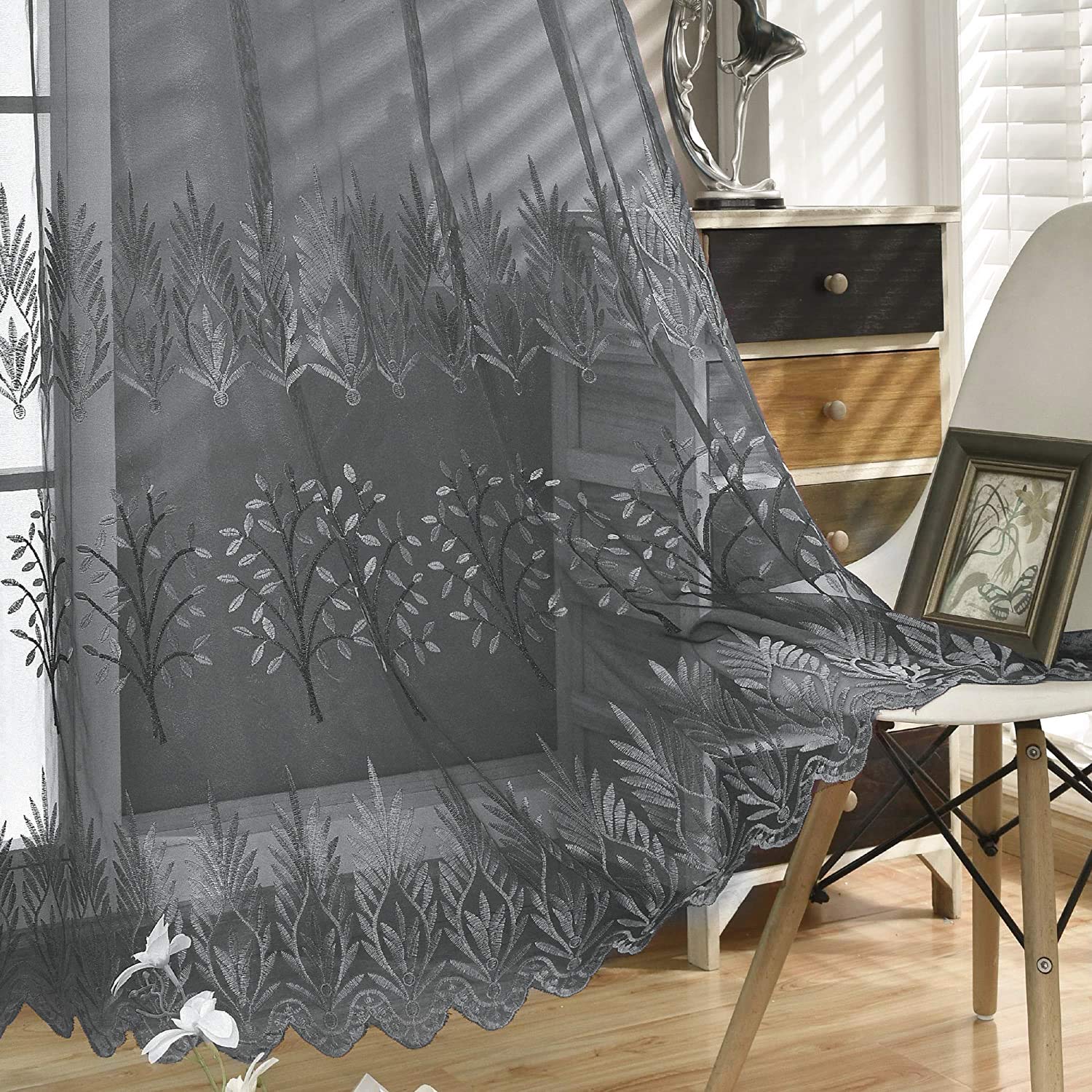 DONREN Tree Branch Design Embroidery Sheer Curtains for Bedroom ...
