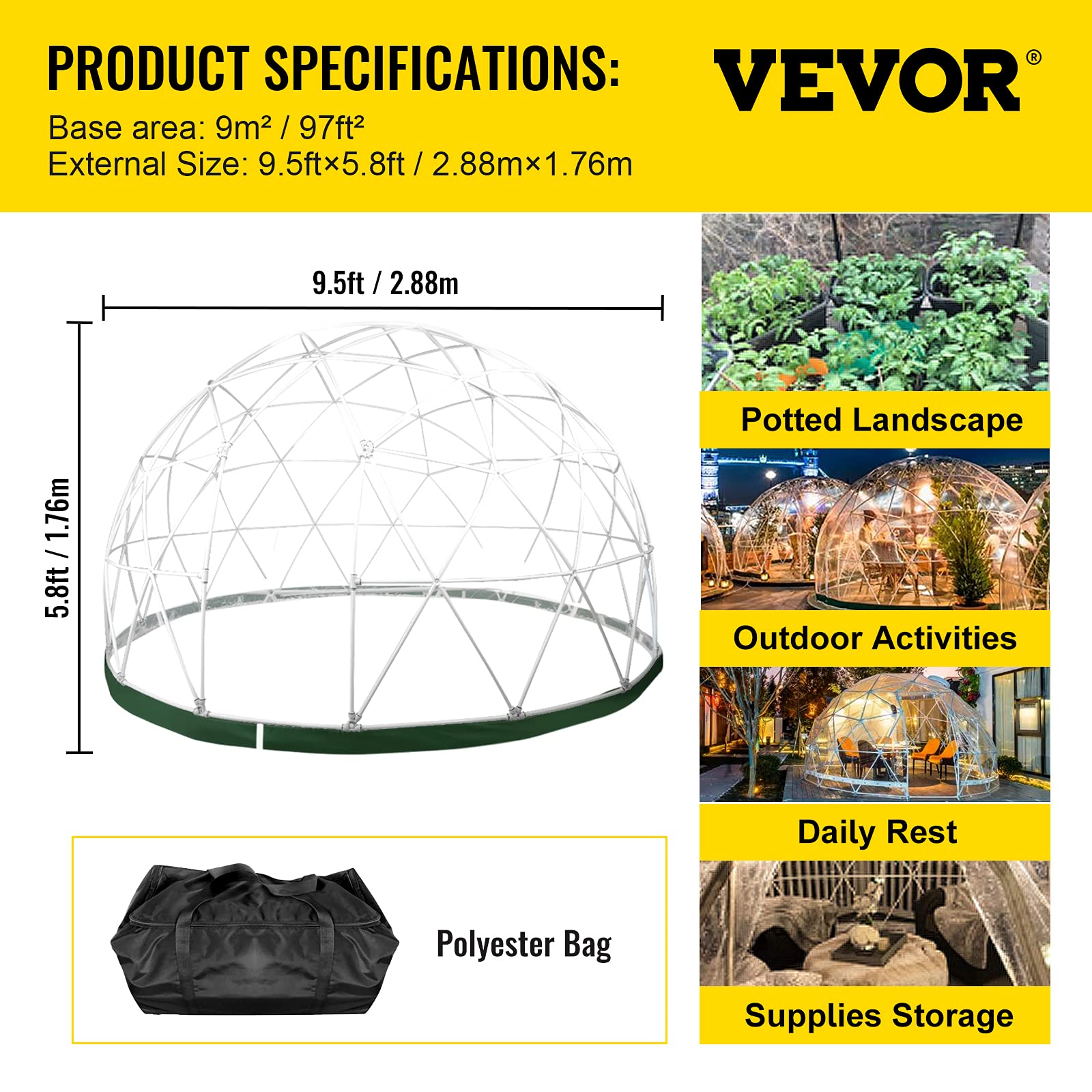 Buy VEVOR Garden Dome 9.5ft - Geodesic Dome with PVC Cover and Garden ...