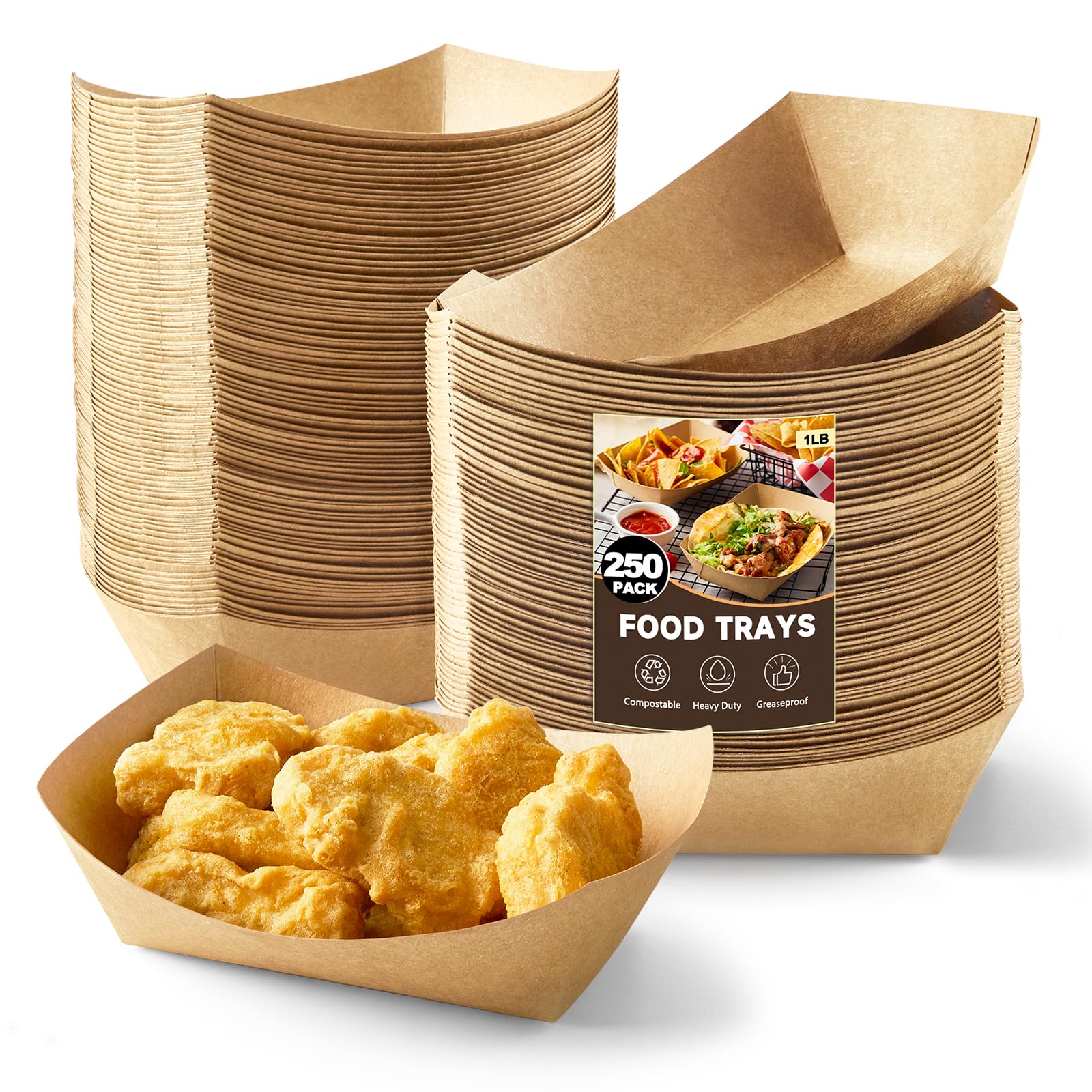 ZORRITA 1 Lb Paper Food Trays - 250 Pack Disposable Food Boats, Kraft ...