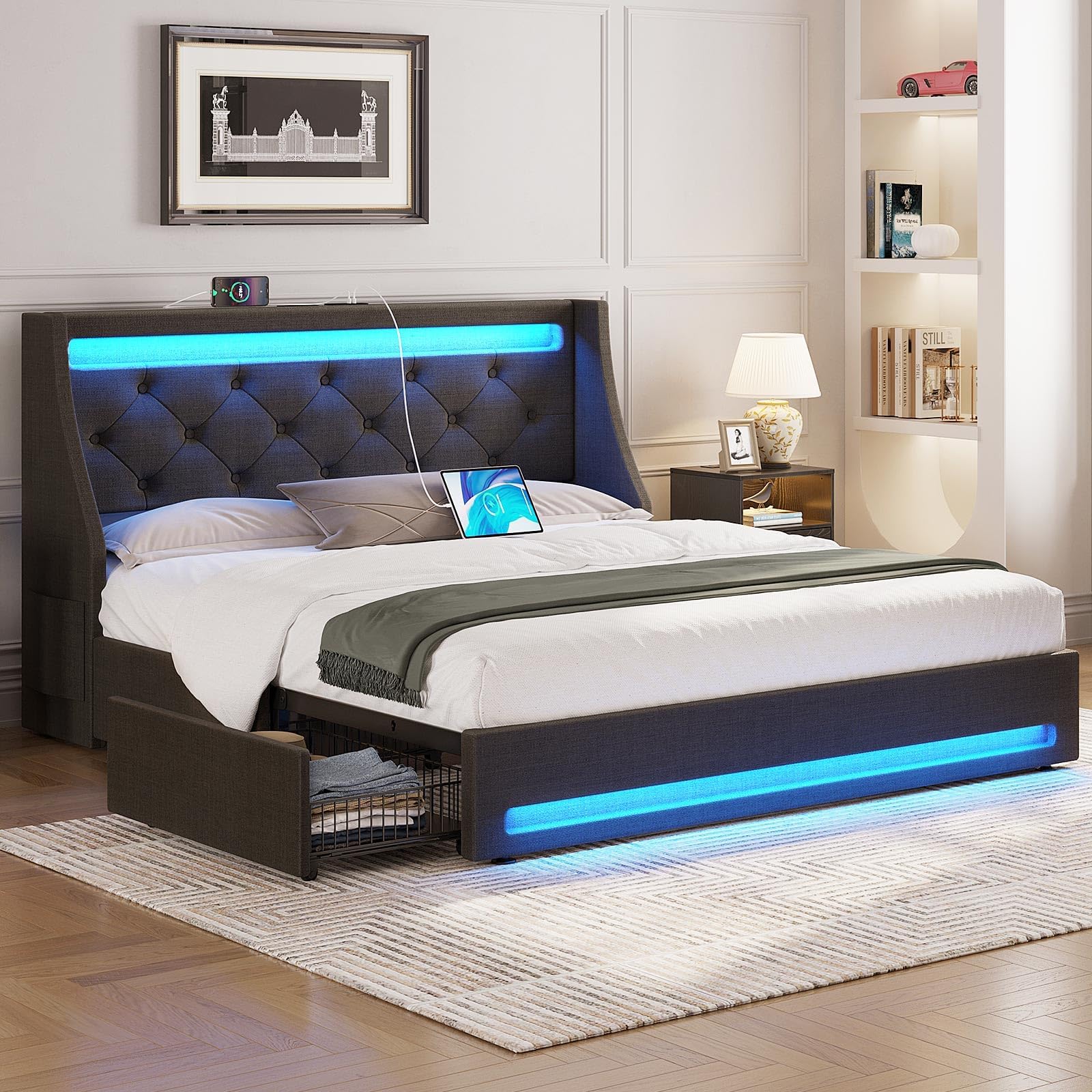 Amazon.com: Rolanstar Base de cama individual con luces LED y estación ...