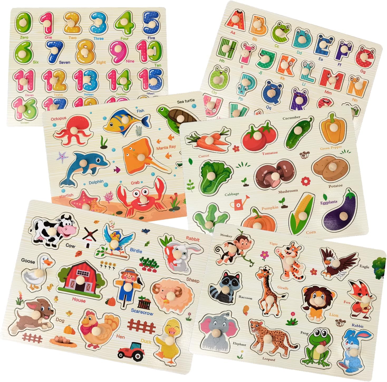 6 Pack Wooden Learning Puzzles with Handle for Kids, Numbers, Alphabet ...