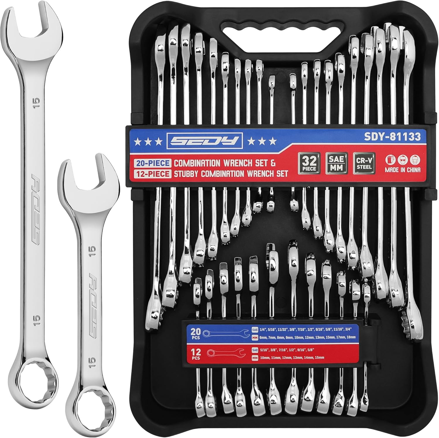 SEDY 32-Piece Spanner Set, Standard and Stubby Spanners, SAE & Metric ...