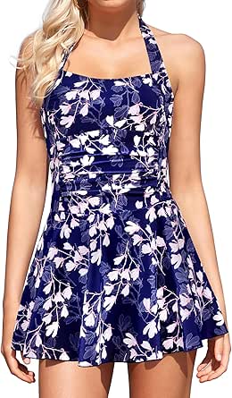 SHEKINI Women's Halter One Piece Skirt Swimsuits Ruched Swimdress Tummy ...