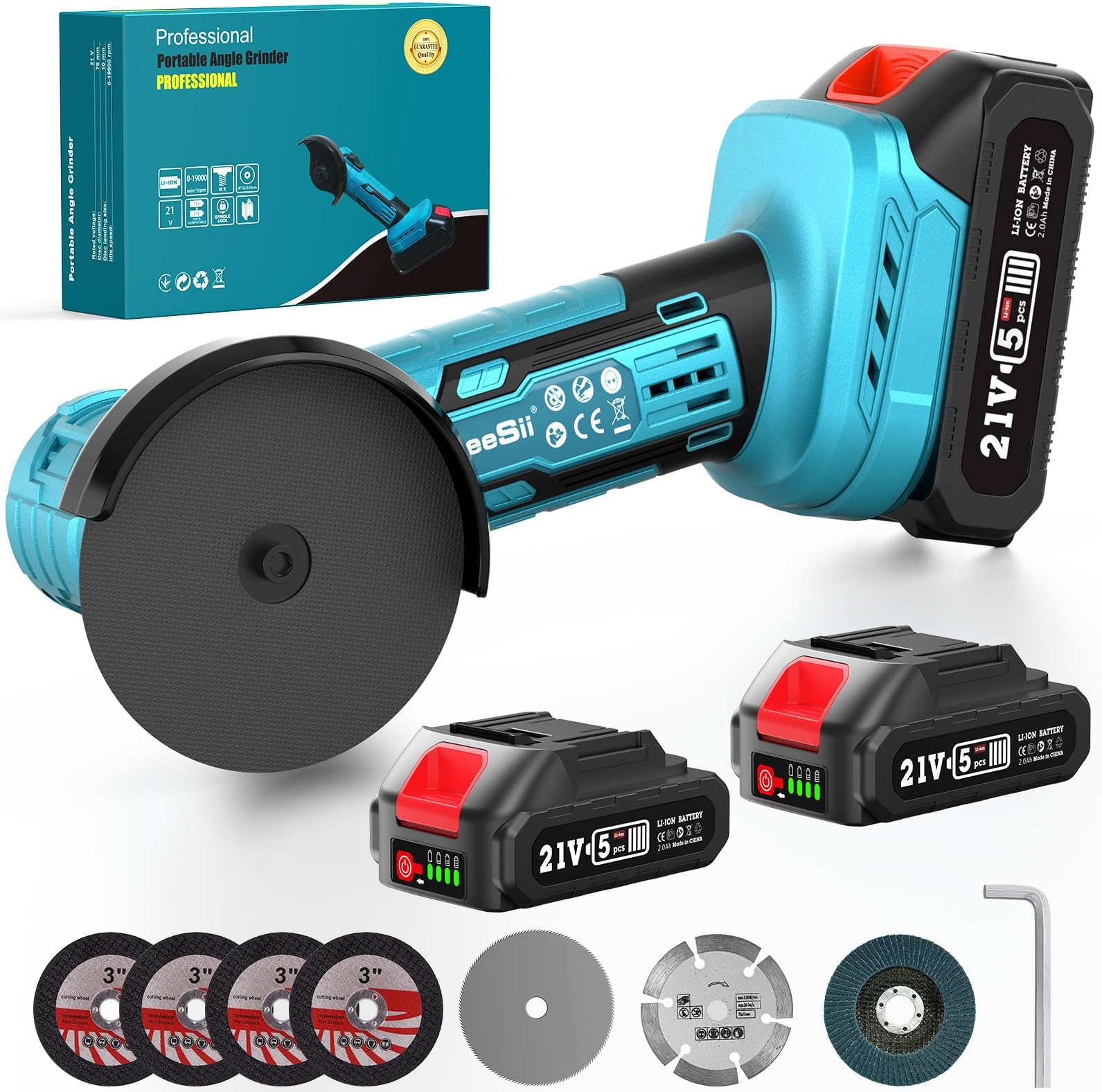 Seesii Cordless Angle Grinder Kit, 19000rpm Brushless Mini Angle Grinder with 2PCS 2.0A Battery ...