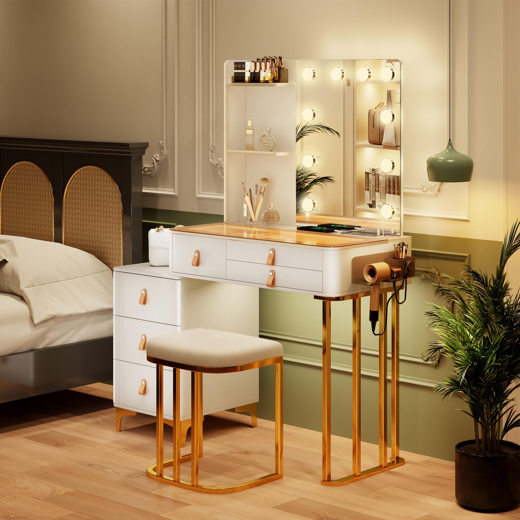 Amazon.com: PAKASEPT Corner Vanity with Mirror and Lights, Modern ...