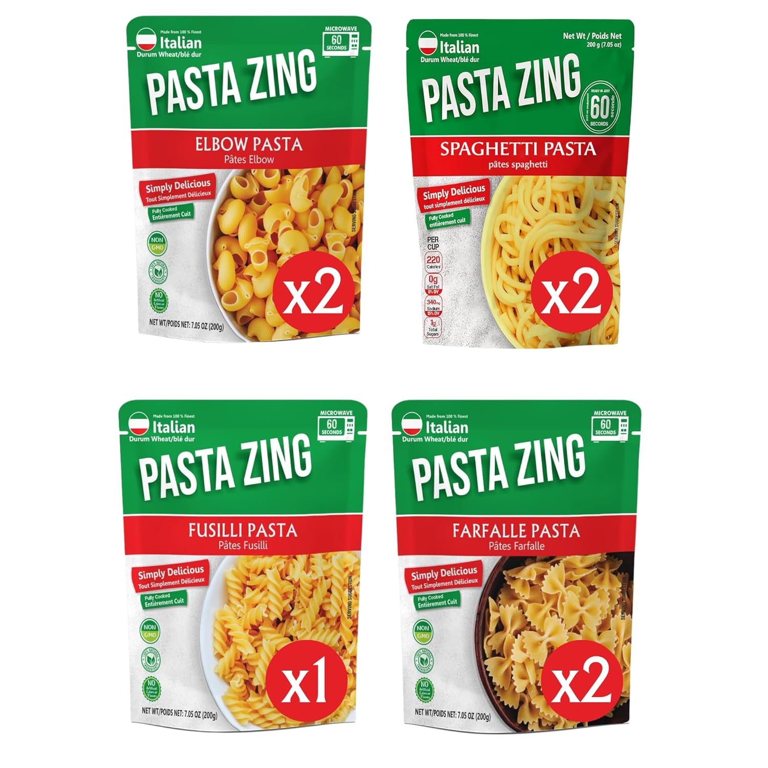 Amazon.com: Pasta Zing Microwavable Variety Pasta Pack of 7 | 2x Elbow | 2x Farfalle | 2x ...