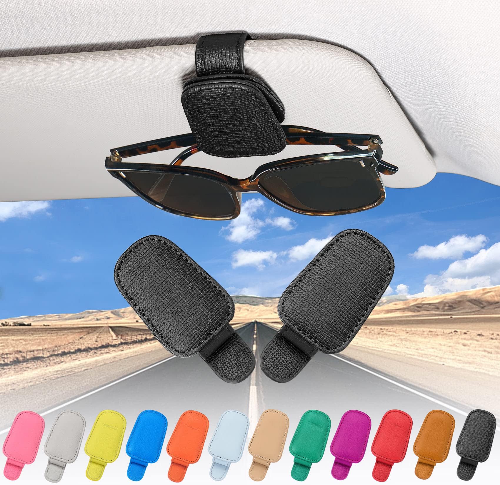 compuda 2 Packs Sunglasses Holder for Car Visor, Genuine Leather Car ...