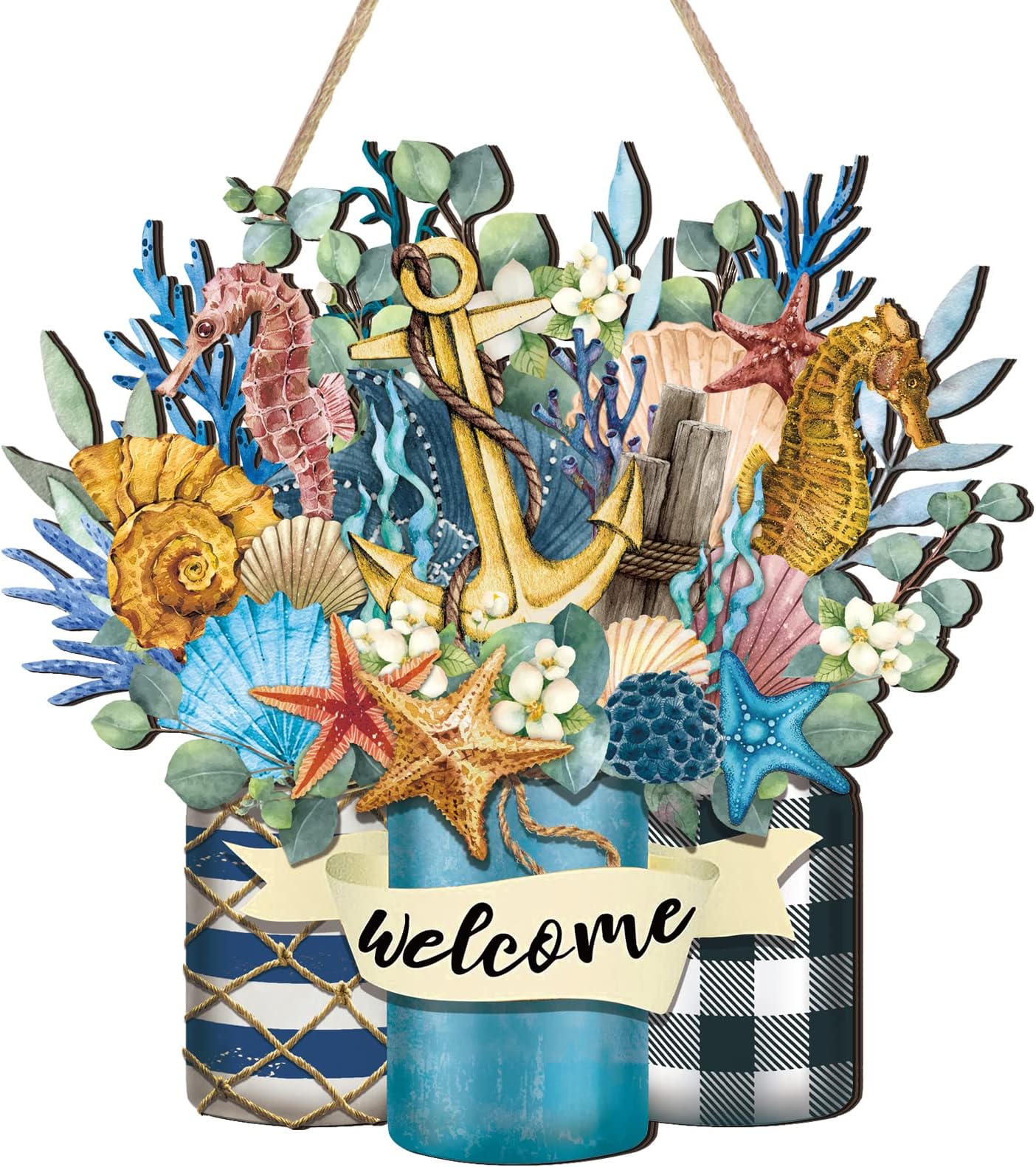 Amazon.com : WINOMO Wooden Welcome Sign Front Door Nautical Decor (Blue ...