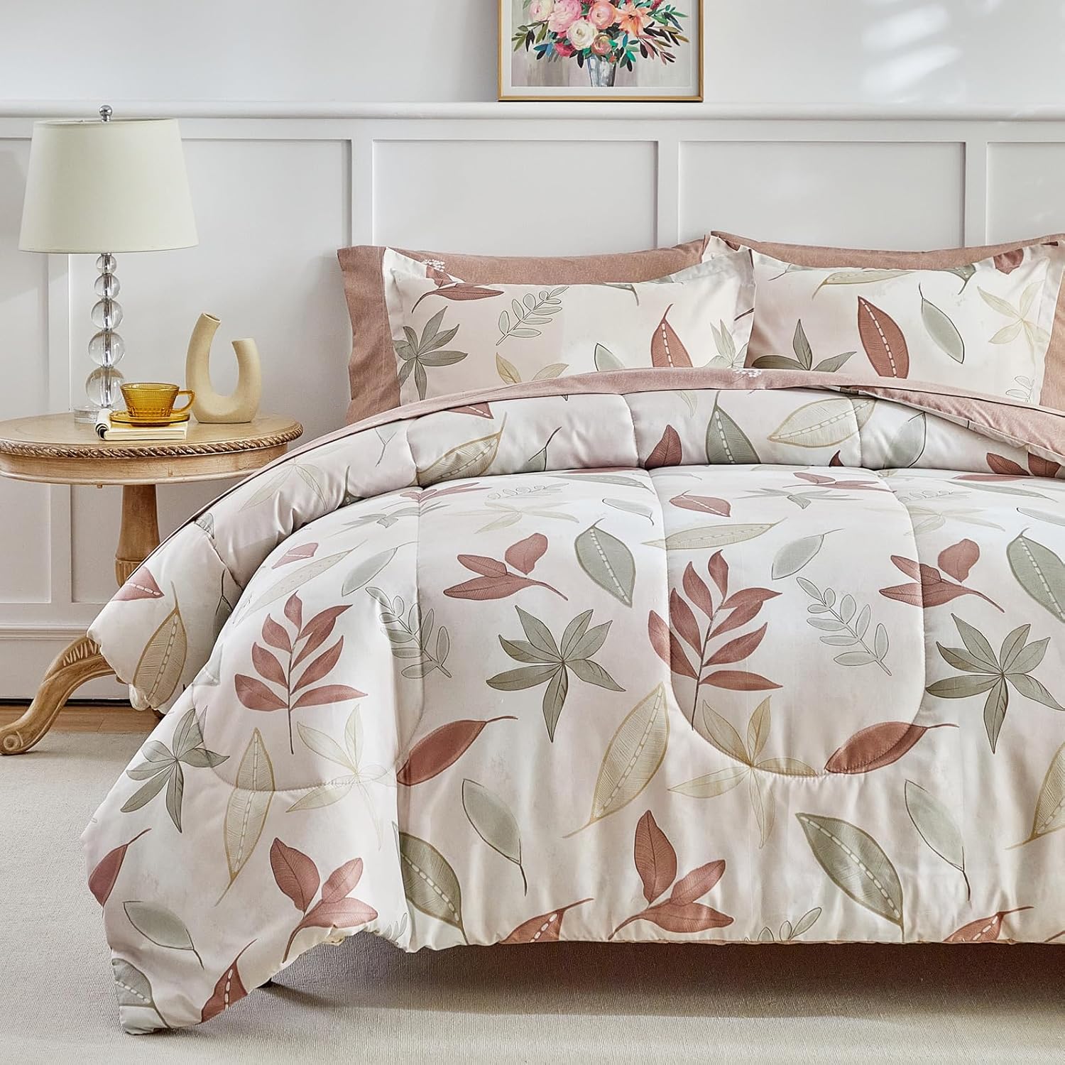 Amazon.com: AIKASY 7-Piece Comforter Set Bed in a Bag, Beige Leaf ...