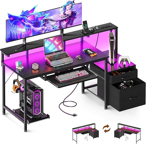 Amazon.com: AODK 55 Inch Gaming Desk with Power Outlets & LED Light ...