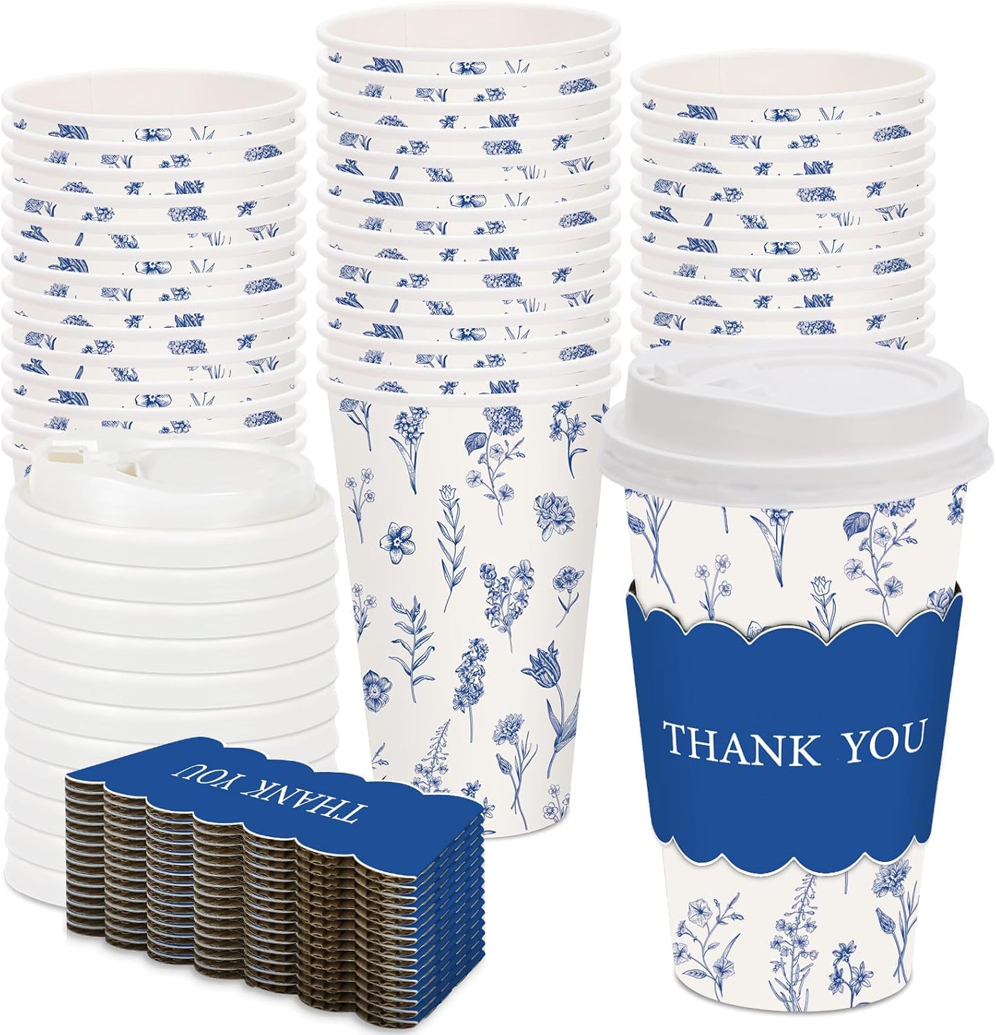Amazon.com: JarThenaAMCS 48 Set Blue Floral Disposable Coffee Cups with Lids and Sleeves Thank ...