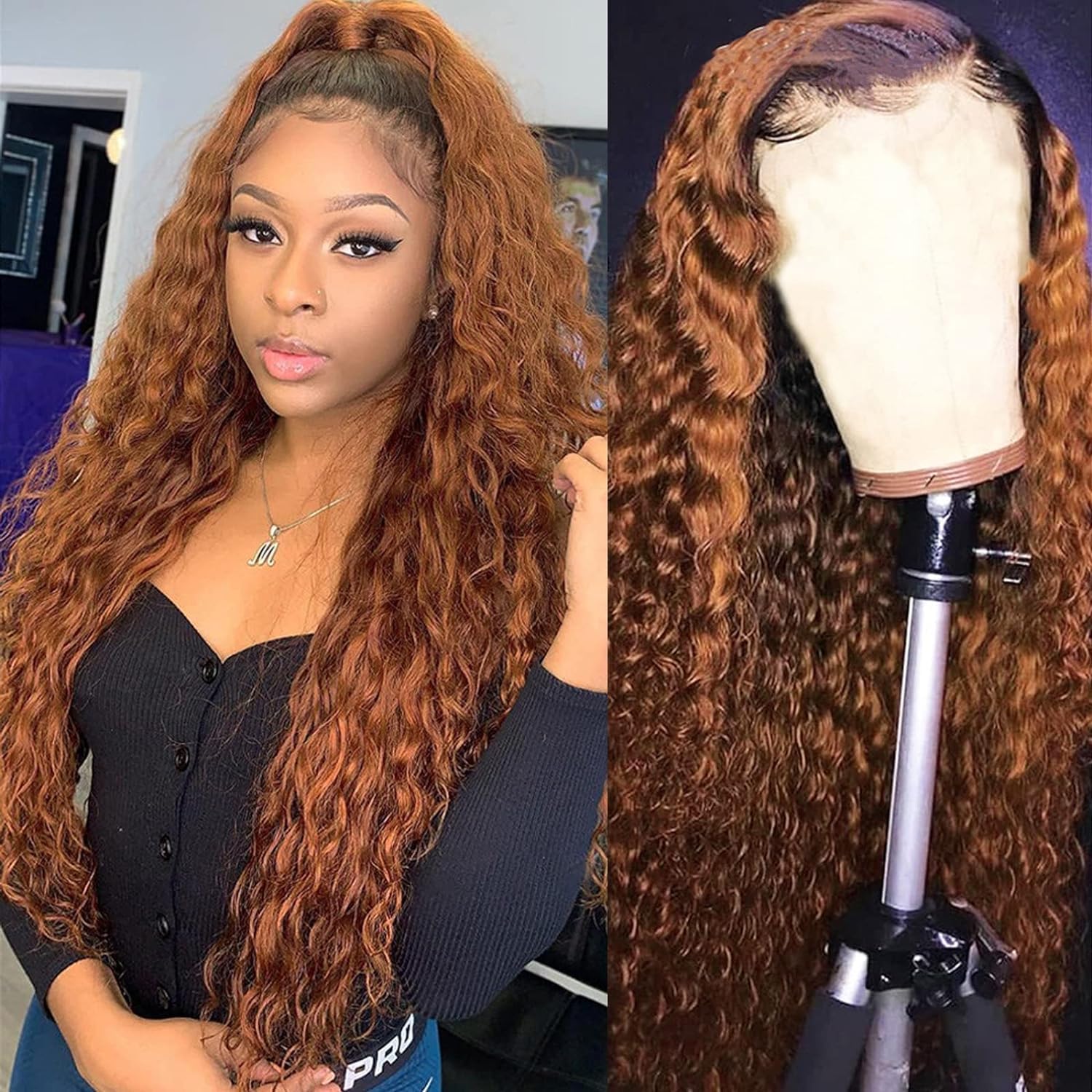 Amazon.com : Labamiya Chocolate 18 Inch Curly Human Hair Wig 13X6 Lace ...