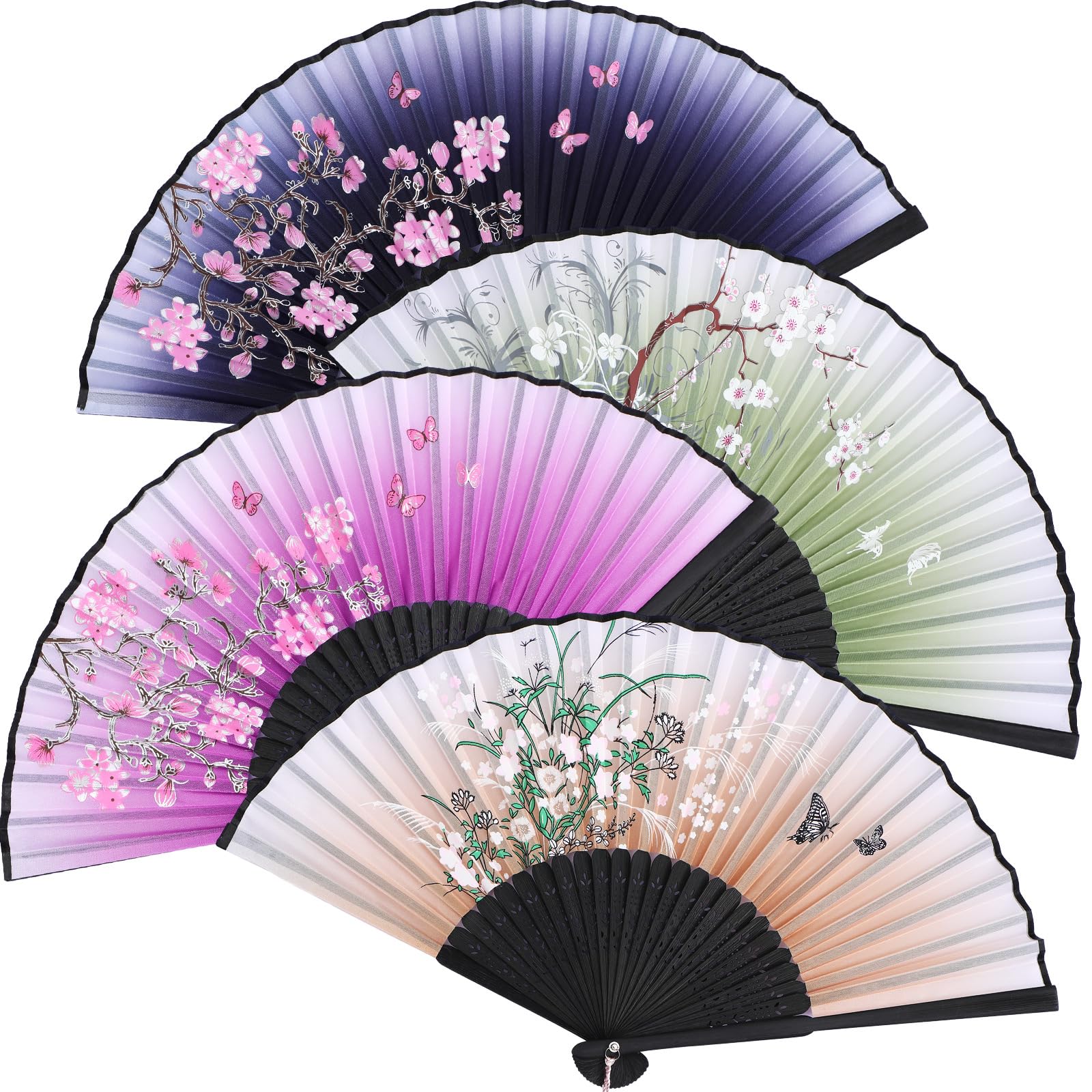 Amazon.com: Zonon 4 Pack Handheld Floral Folding Fans Hand Held Silk ...