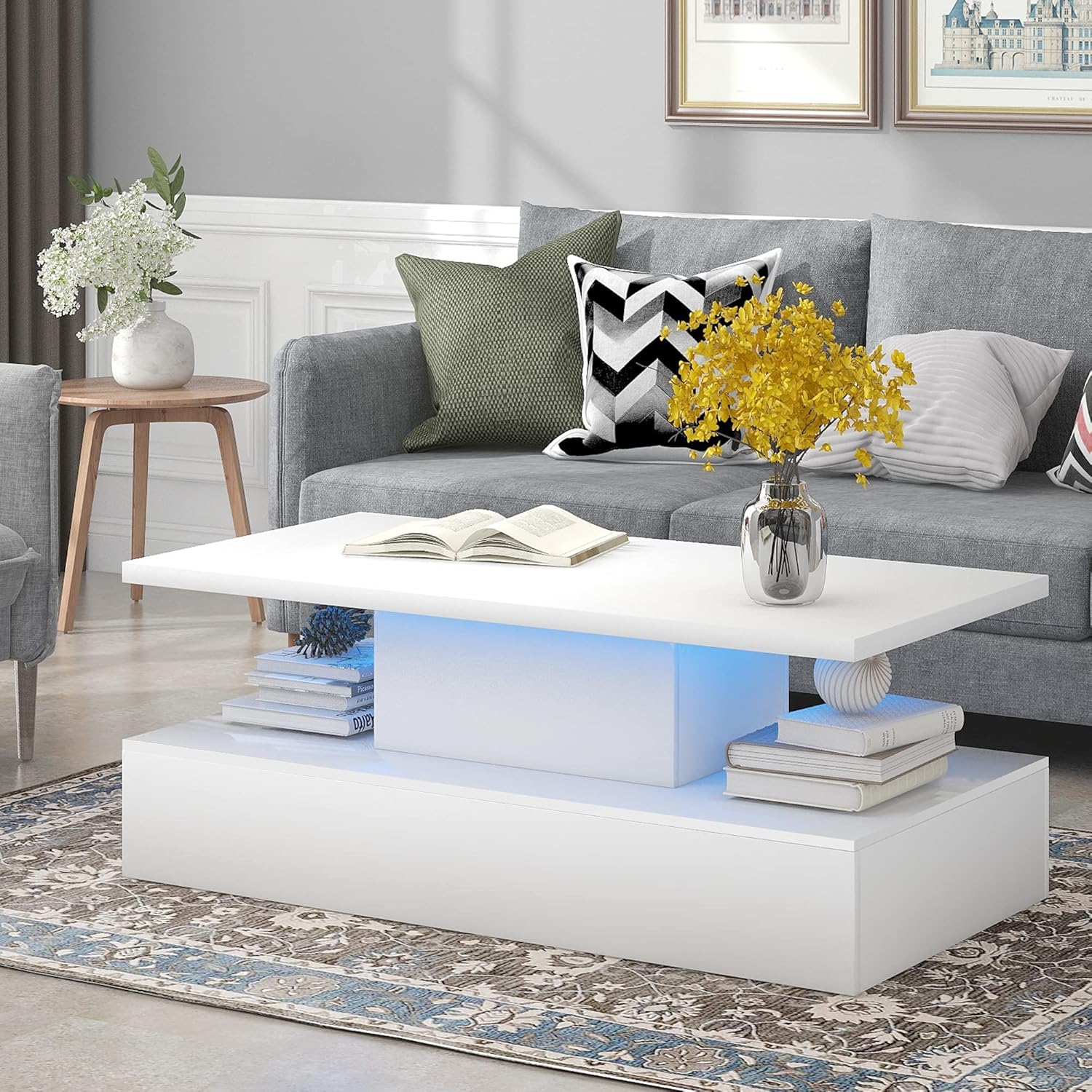 Merax 47.2" 2-Tier LED Light Coffee Table, Cocktail Waterproof Table ...