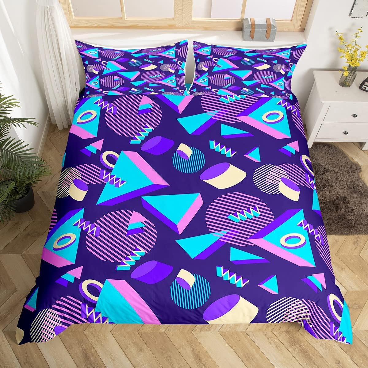 Amazon.com: Retro 80s Style Bedding Set Queen,Abstract Geometric ...