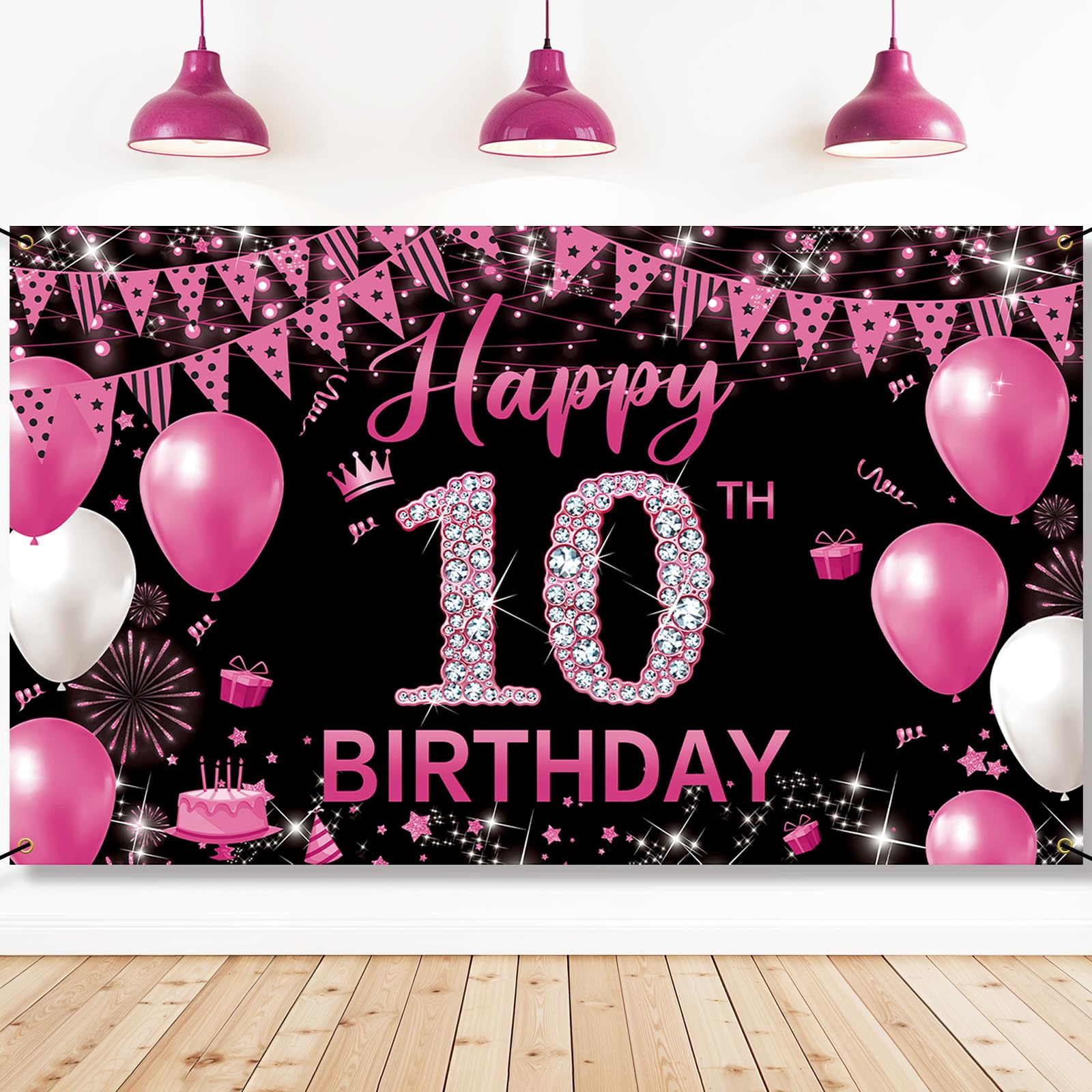 Amazon.com: PHXEY 10th Birthday Banner Backdrop Hot Pink, Happy 10th ...