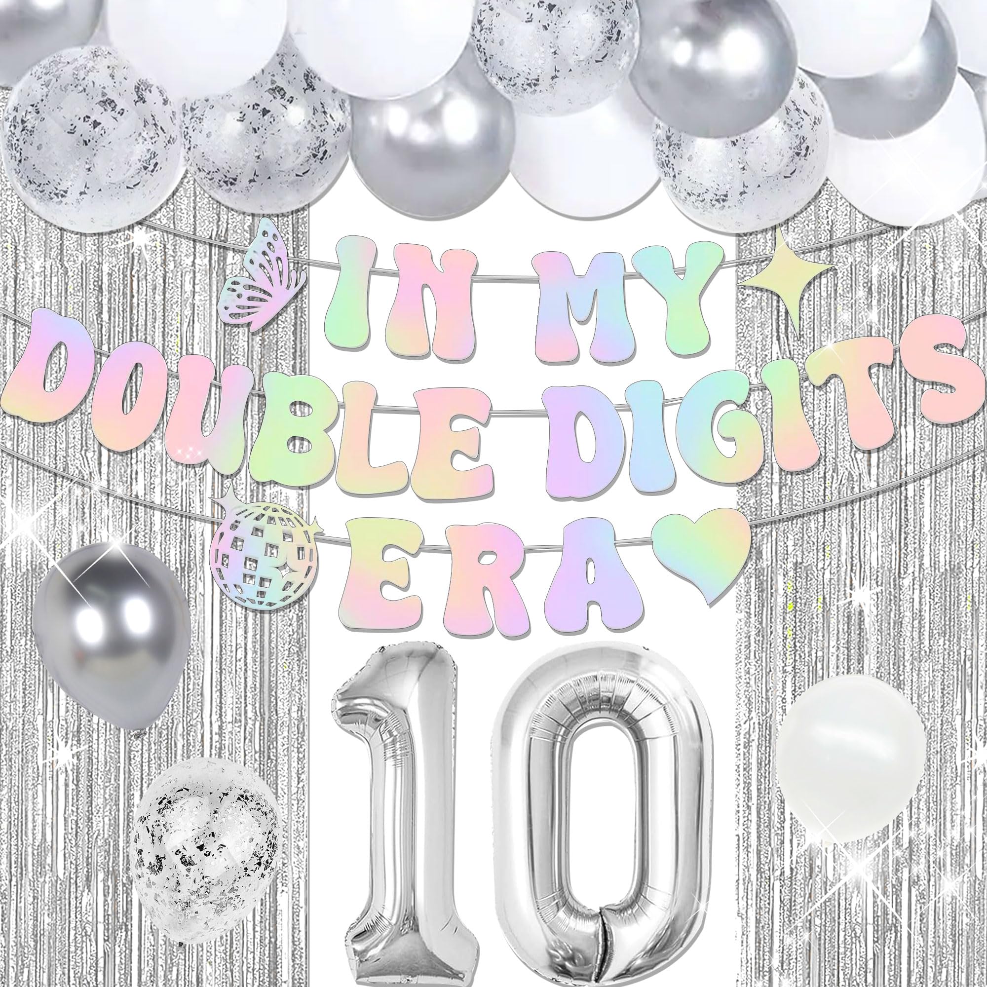 Amazon.com: 19Pcs In My Double Digits Era Banner Iridescent 10th Birthday Decorations Double ...