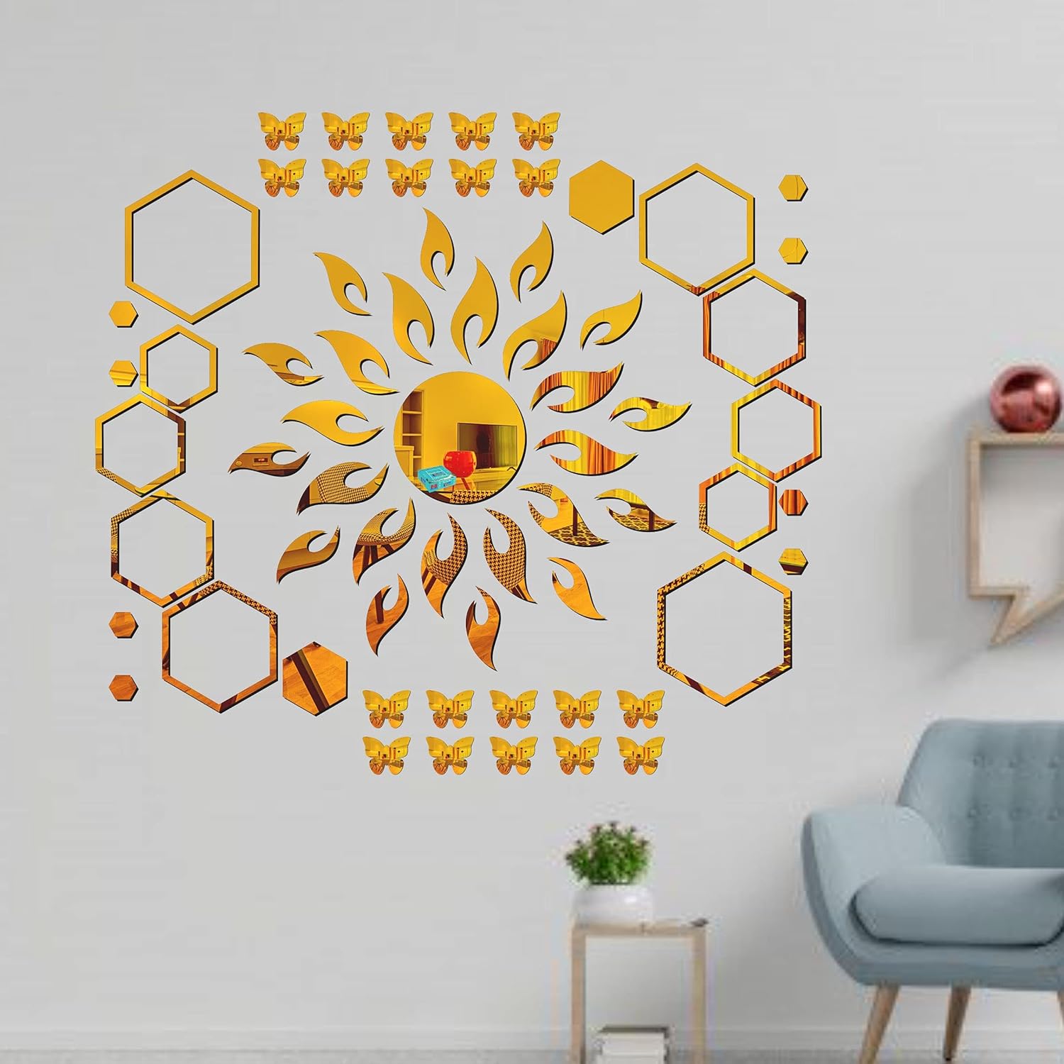 Buy Look Decor Sun Flame 20 Hexagon Shape With 20 Butterfly Golden wall ...