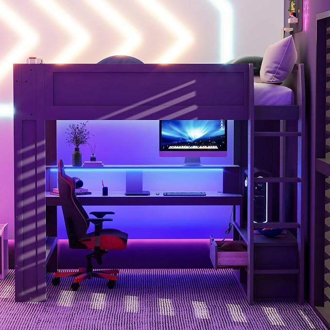Amazon.com: Brabrety Wood Full Size Gaming Loft Bed with Desk, Multi ...