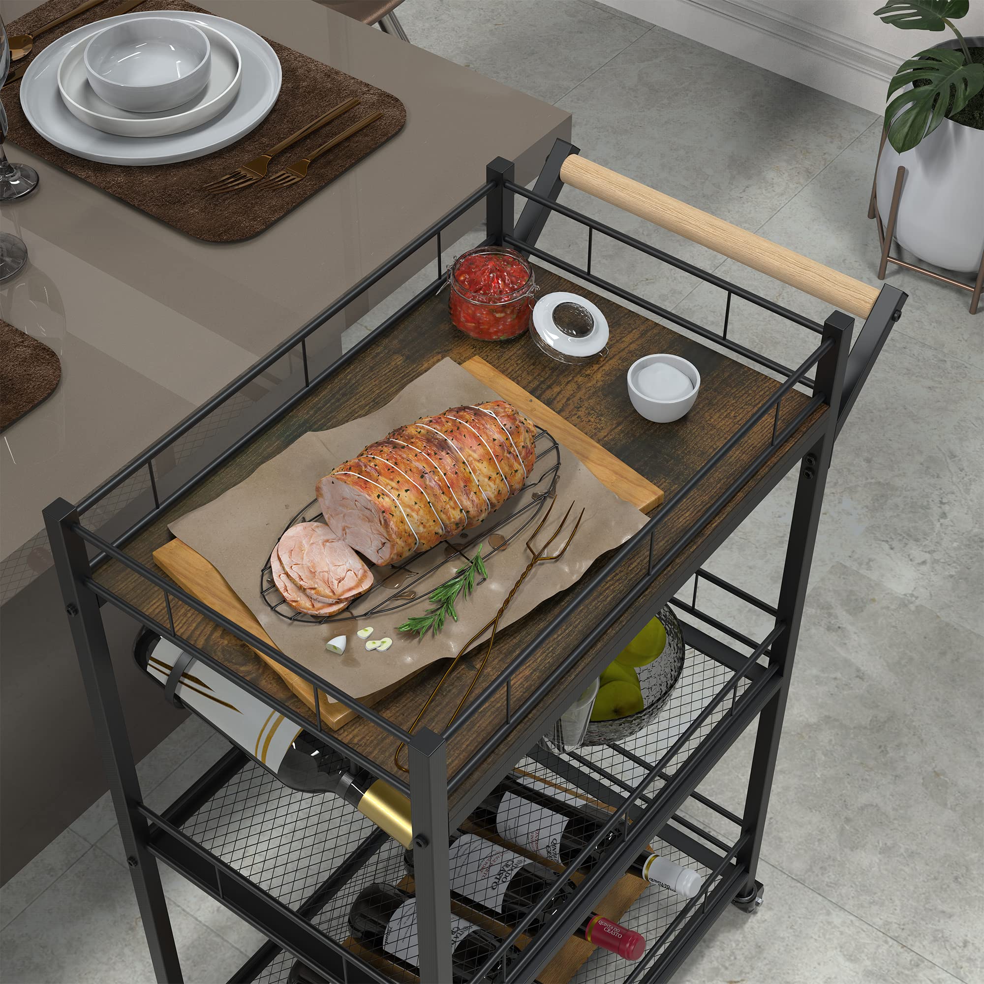 ANYHI Drinks Trolley with Wine Rack and Handle, Kitchen Trolley Serving ...