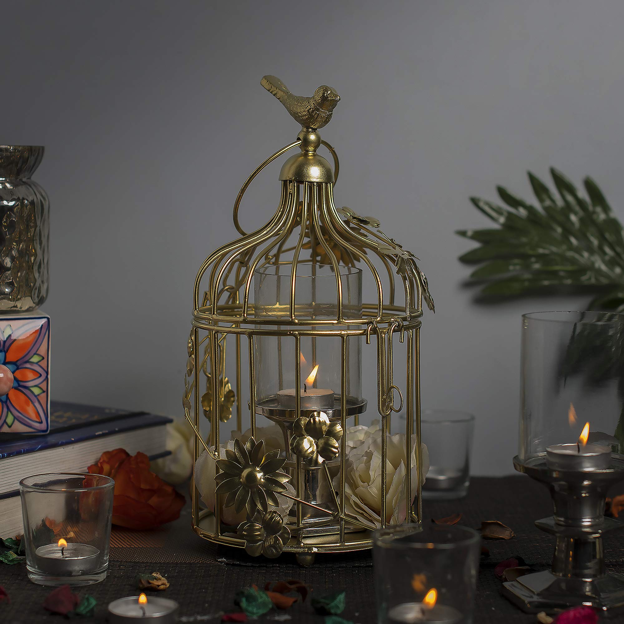 Buy Homesake® Golden Candle Cage with Floral Vine Small Single, with ...