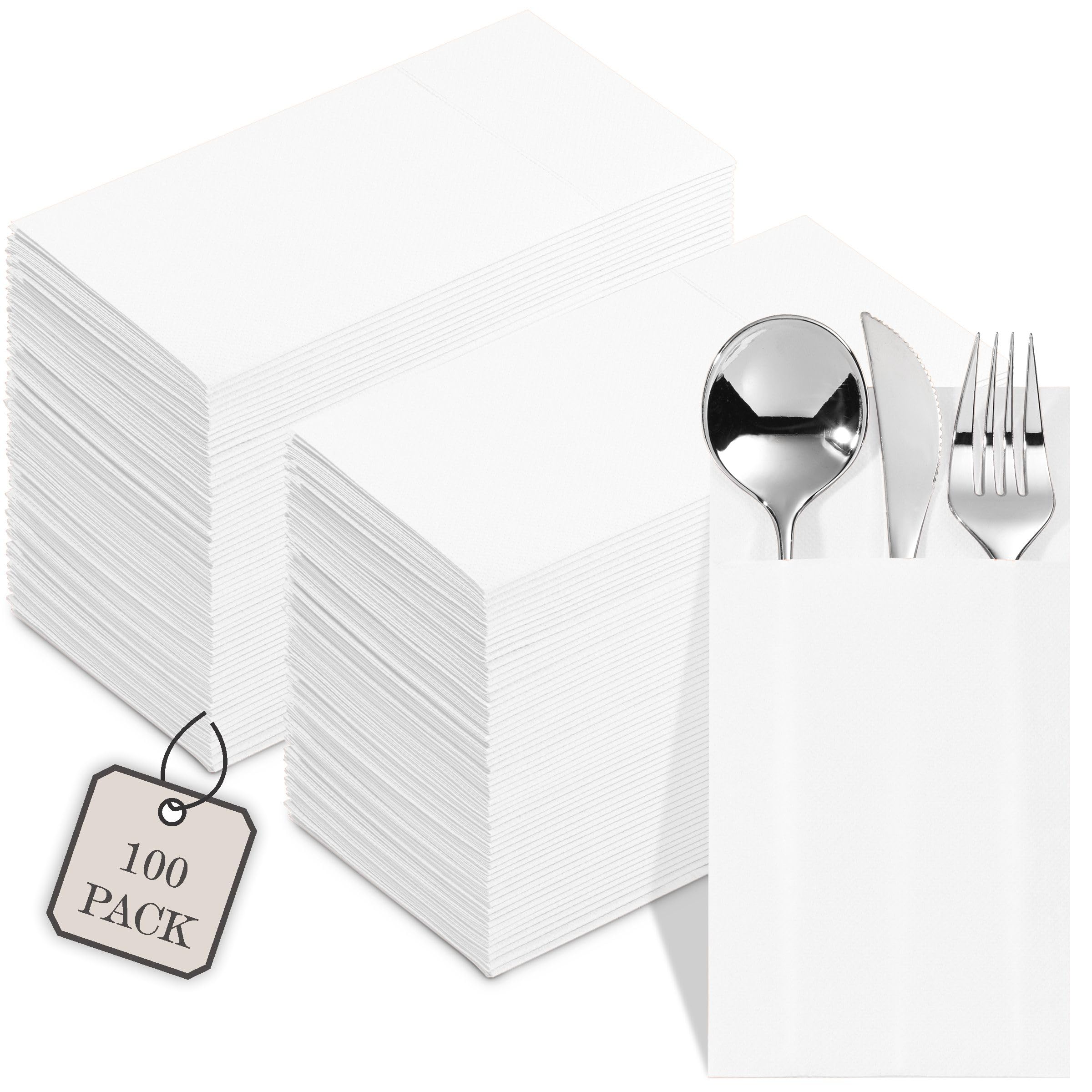 Amazon.com: 100-Pack Disposable Napkins With Pocket For Flatware, White ...