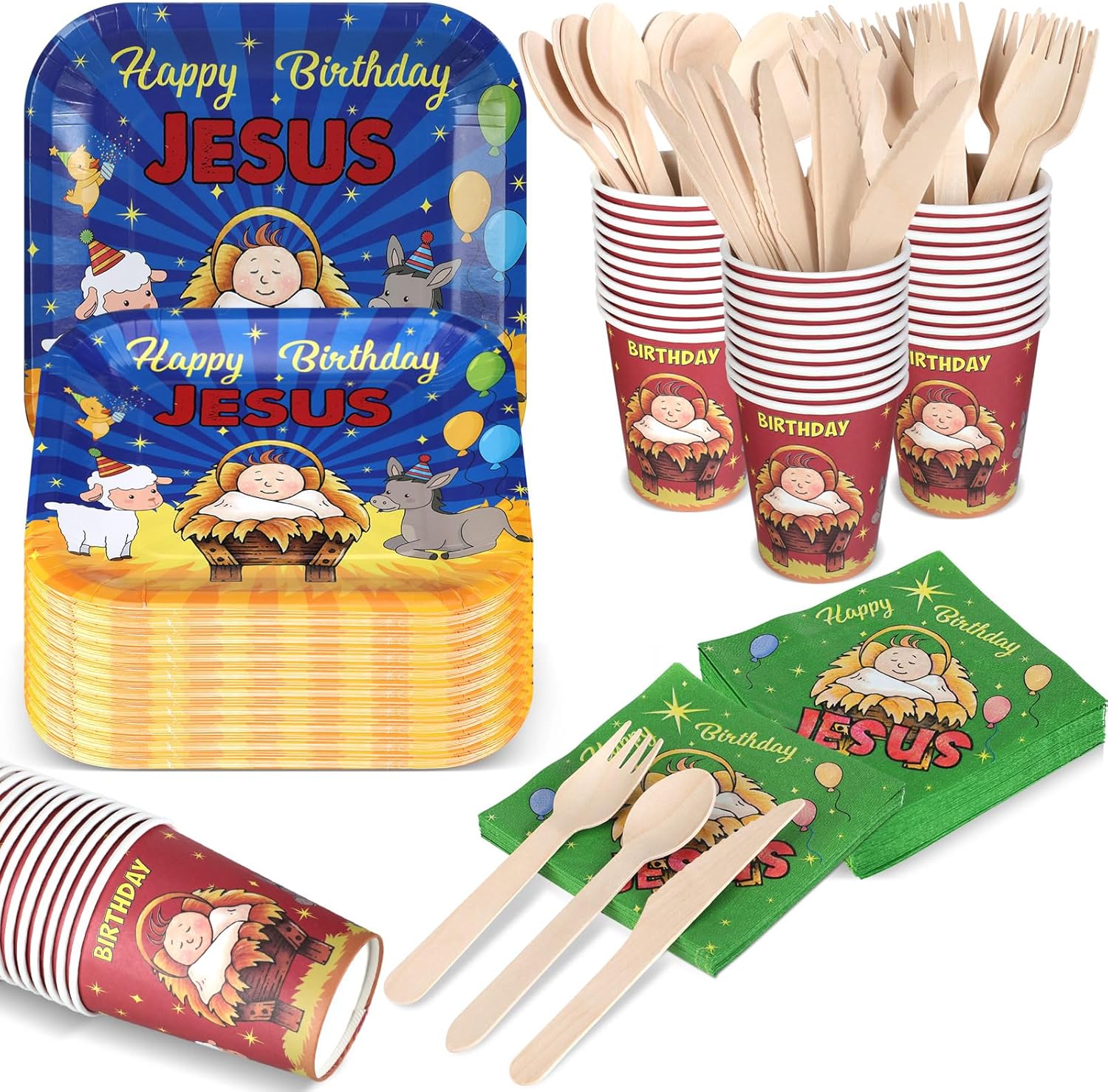 Amazon.com: Maxcheck 108 Pcs Happy Birthday Jesus Tableware Set Include ...