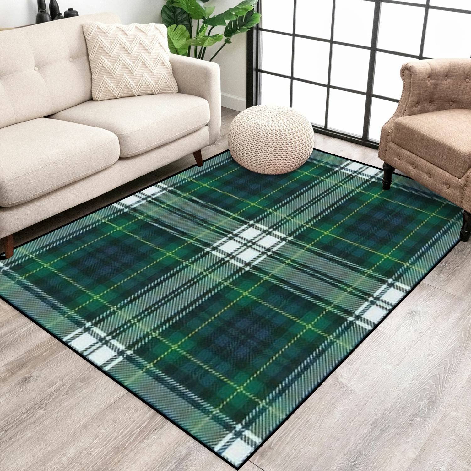 Amazon.com: Area Rug White Navy Blue Green Tartan Plaid Scottish ...