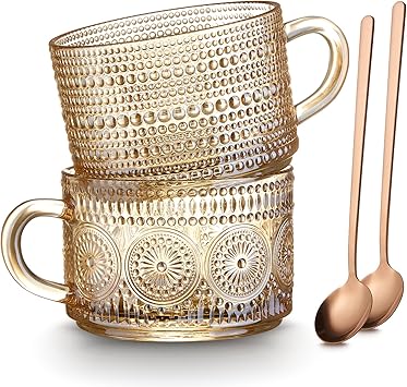Amazon.com: MFACOY Vintage Coffee Mugs Set of 2, 14 oz Glass Tea Cups with Handle, Amber ...