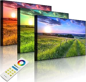 Lightbox-Multicolor | Wandbild beleuchtet | Wunderschöne Bergwiese im Sonnenaufgang | 100x70 cm ...