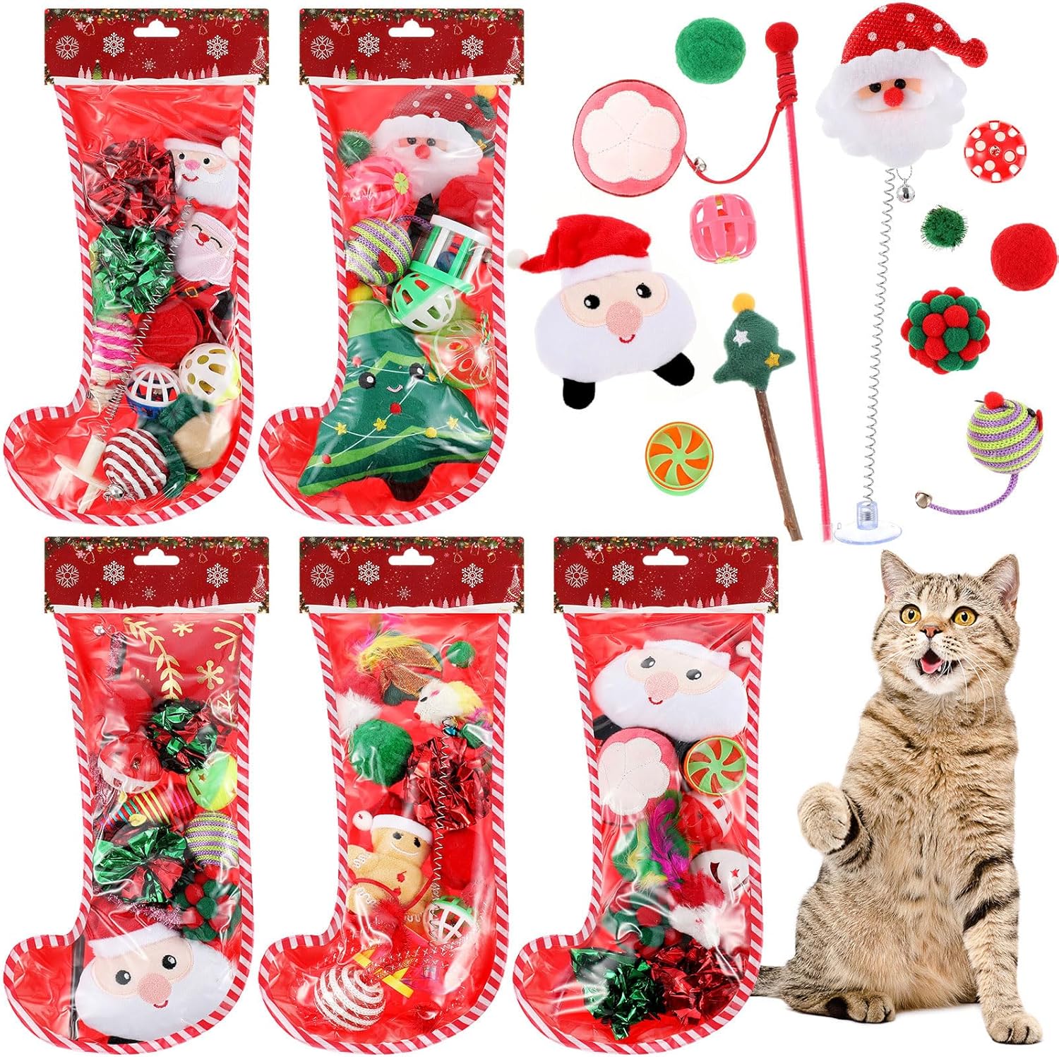 Pet Supplies : Shappy 5 Set Christmas Cat Toys Cat Christmas Stocking ...