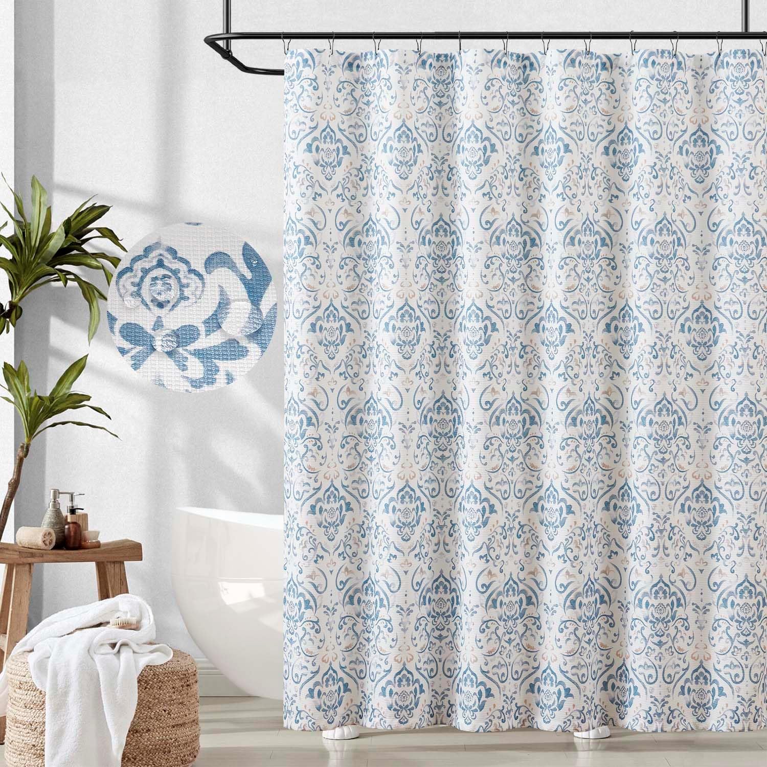 JINCHAN Blue Floral Shower Curtain, Medallion Damask Farmhouse Shower ...