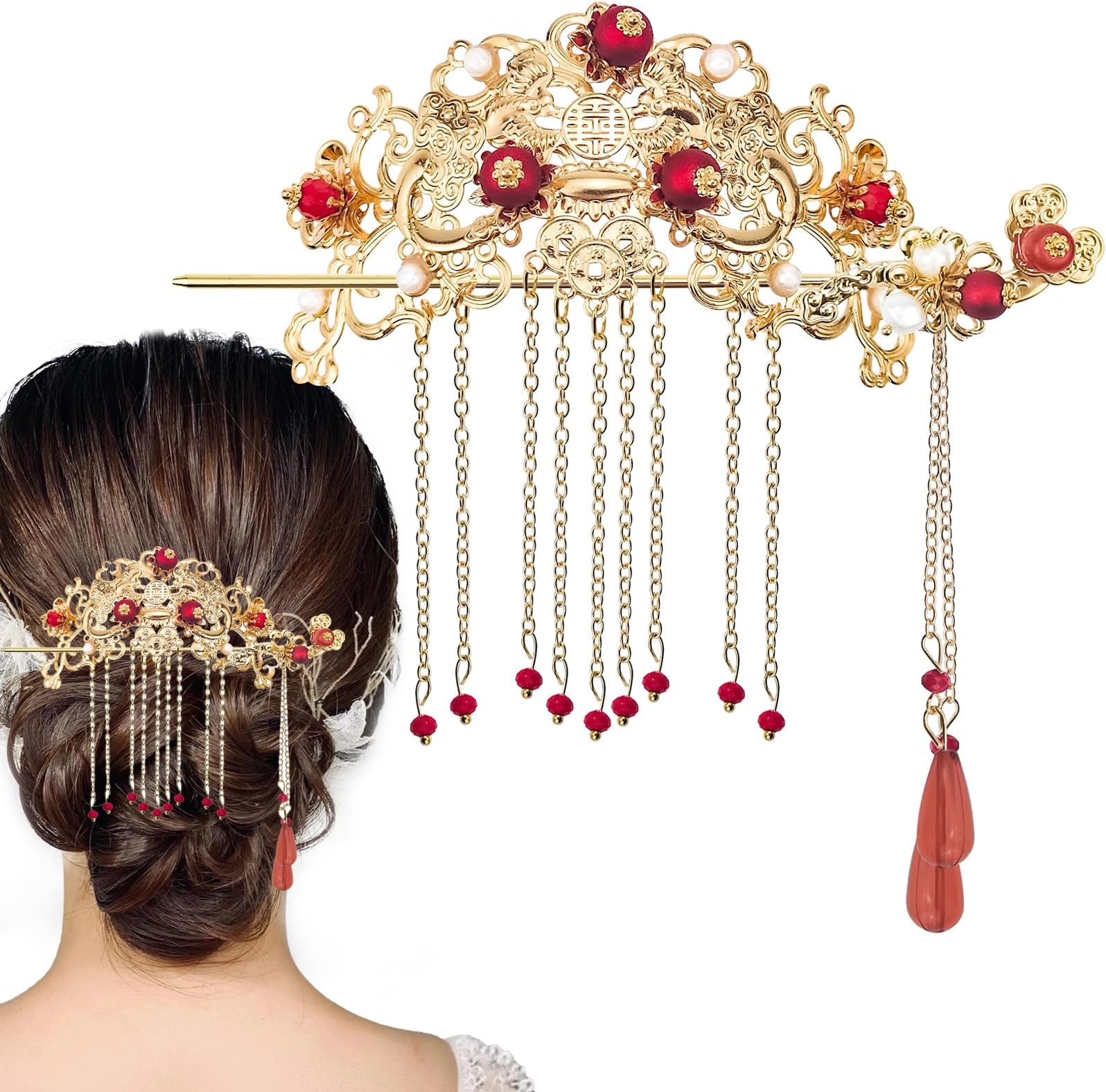 Amazon.com : Chinese Hair Accessories for Wedding, Red Tassel Gold ...