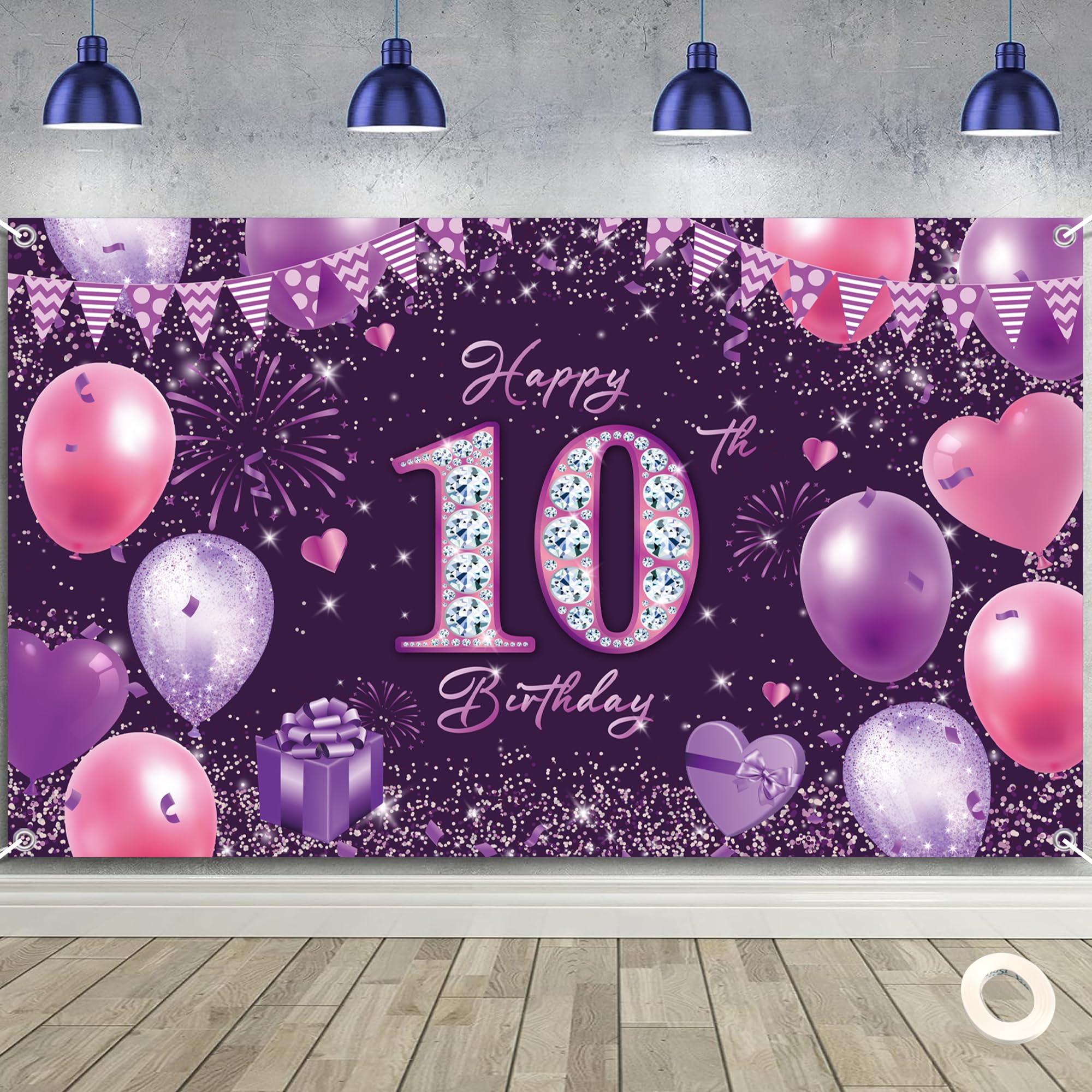 Purple 10th Birthday Backdrop Banner - Happy 10th Birthday Background ...
