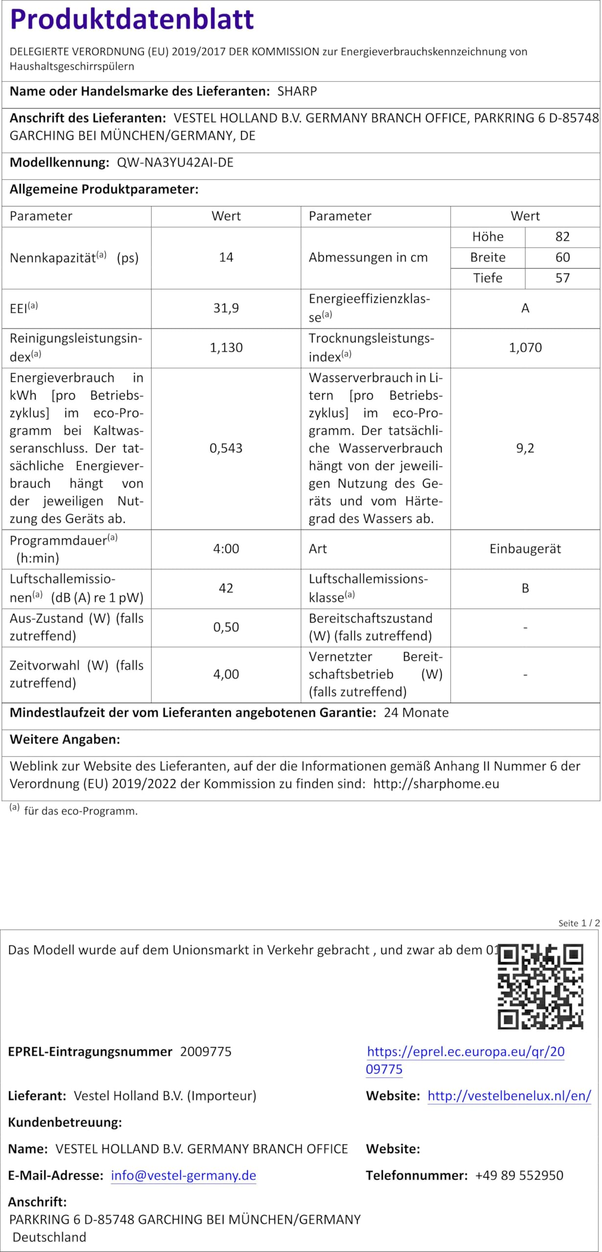 Sharp QW-NA3YU42AI-DE Geschirrspüler Unterbau 60 cm, 14 Maßgedecke, A, 42 dB, Turbo-Trocknung ...
