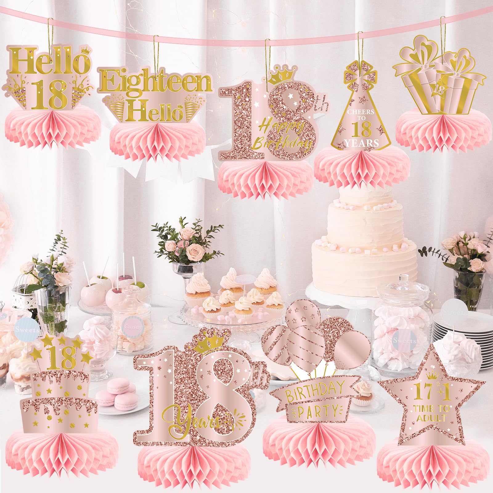 Snapklik.com : 9Pcs 18th Birthday Decorations Pink Rose Gold Honeycomb ...
