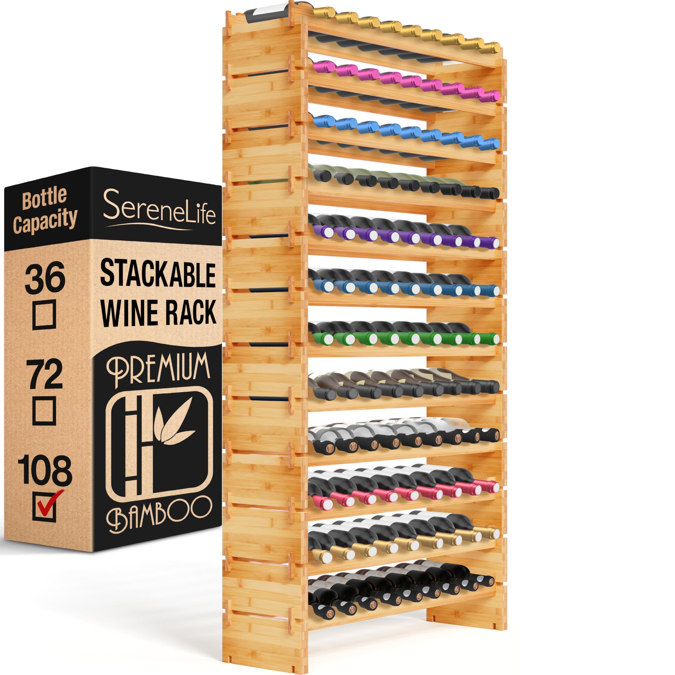 Amazon.com: SereneLife Bamboo Stackable Wine Rack, 12-Tier 108 Bottle ...