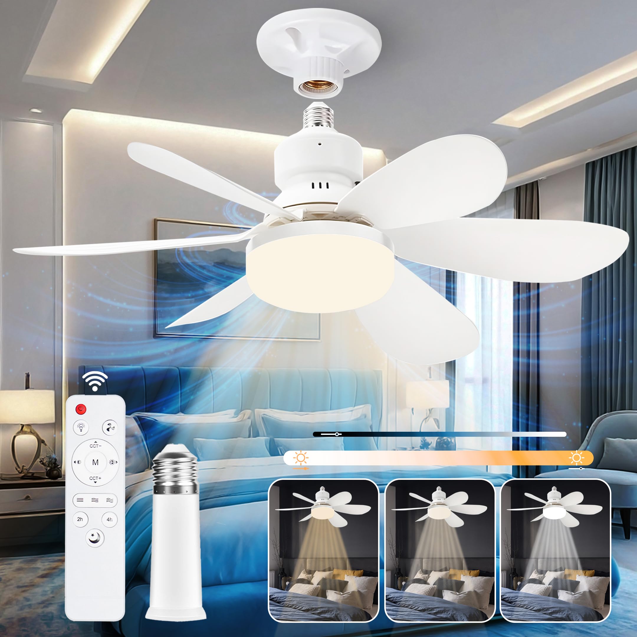 GLASPEX Socket Ceiling Fan with Light 20.5" Dimmable LED Socket Fan ...
