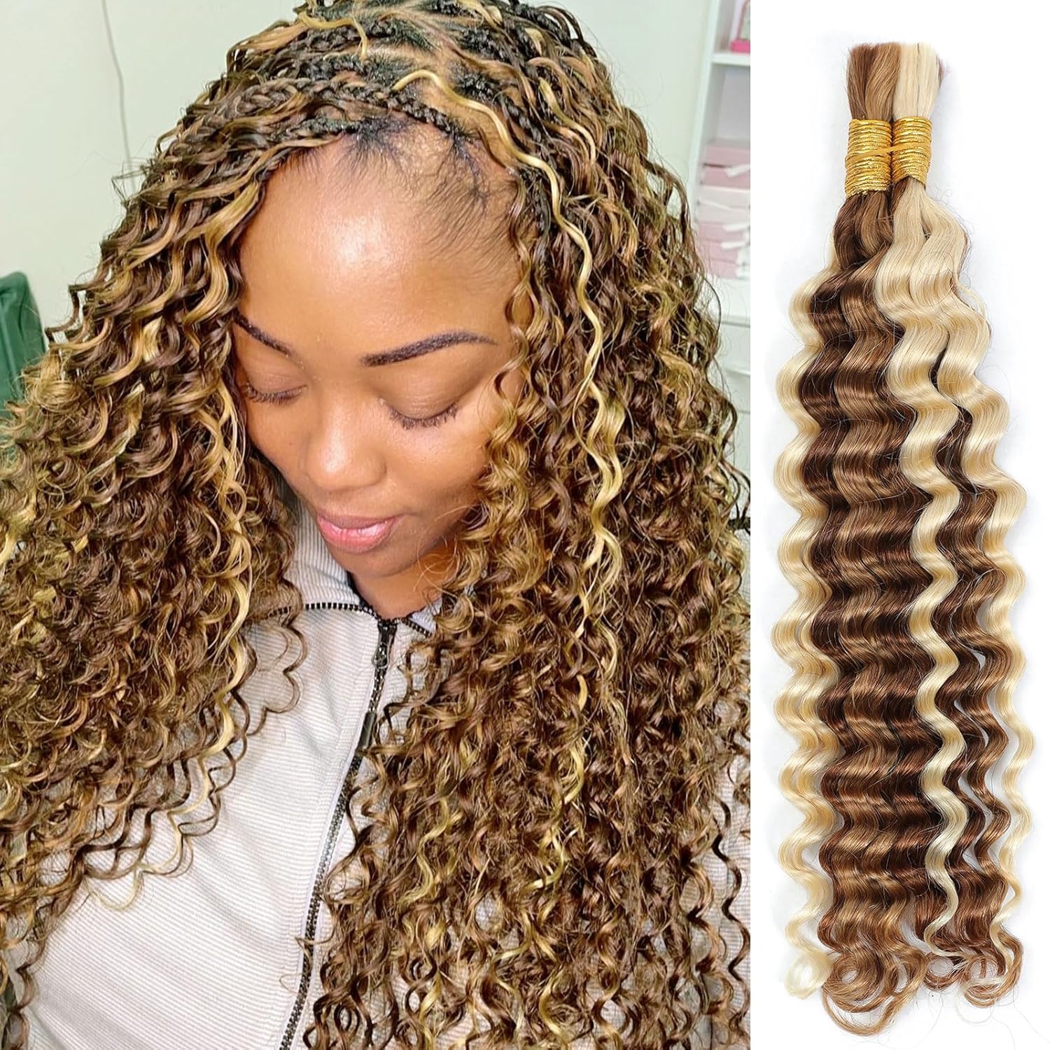 Amazon.com : DSEKCAIN P27/30/613 Human Braiding Hair for Boho Braids Highlight Brown Blonde Deep ...