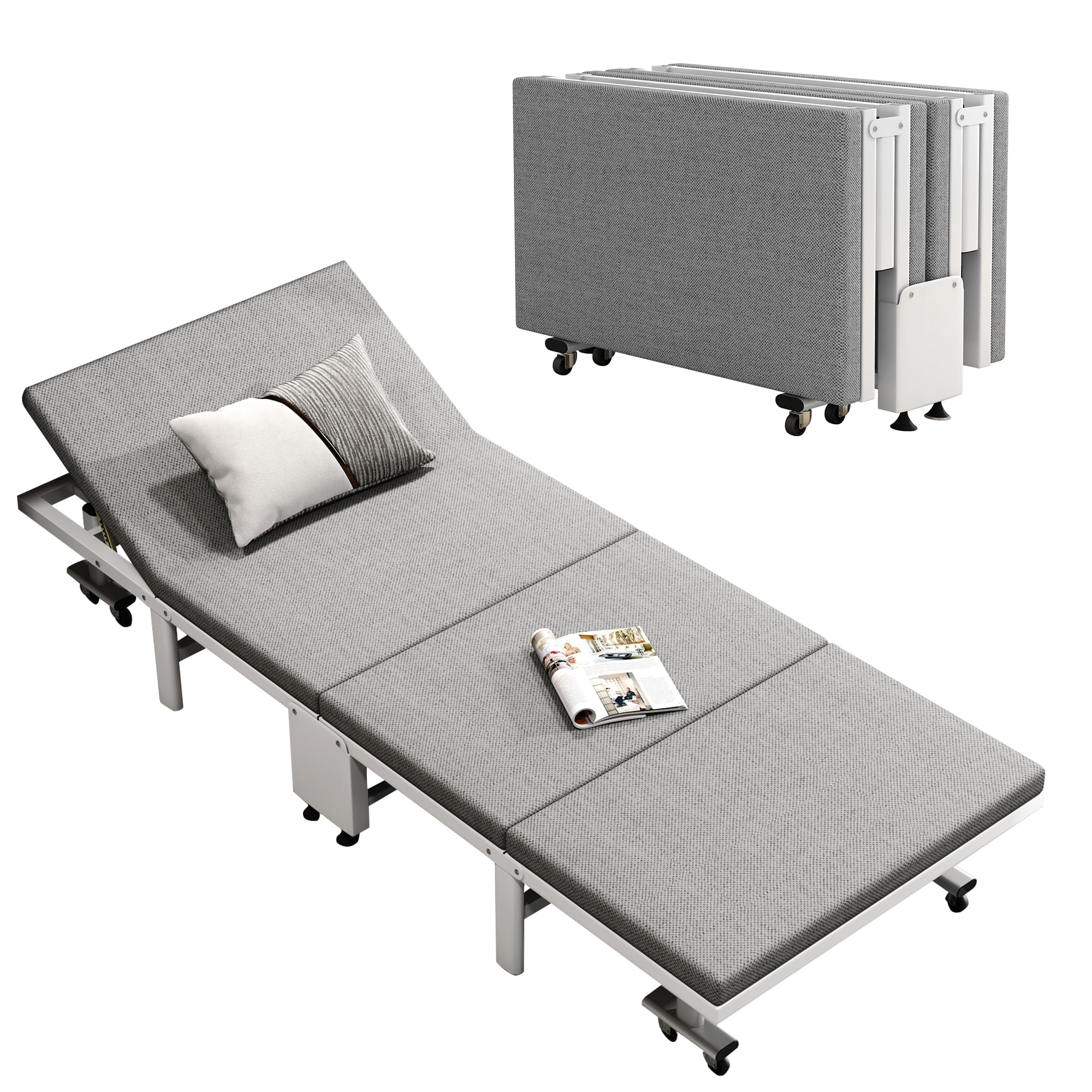 Folding Bed with Mattress, Foldable Reinforced Steel Frame Rollaway ...