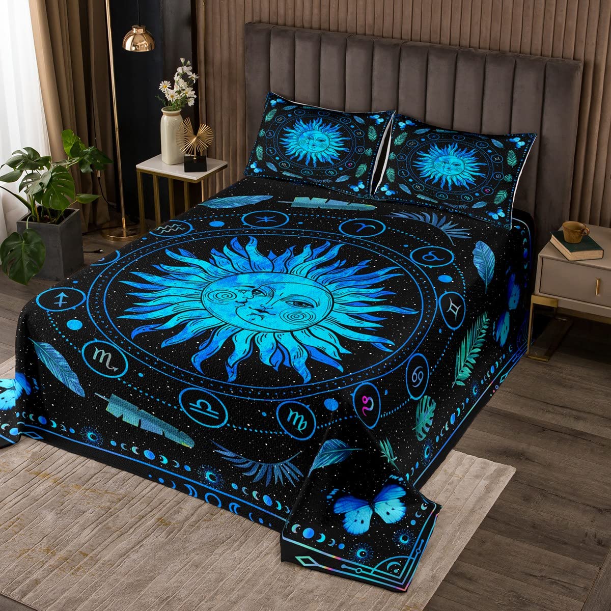 Amazon.com: Erosebridal Sun and Moon Queen Bedspread Bohemian Blue Tie ...