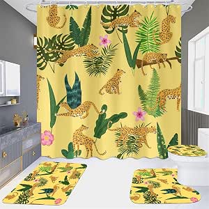Amazon.com: Leopard Wild Animal Bath Curtain Set with Rugs Green Leaves ...
