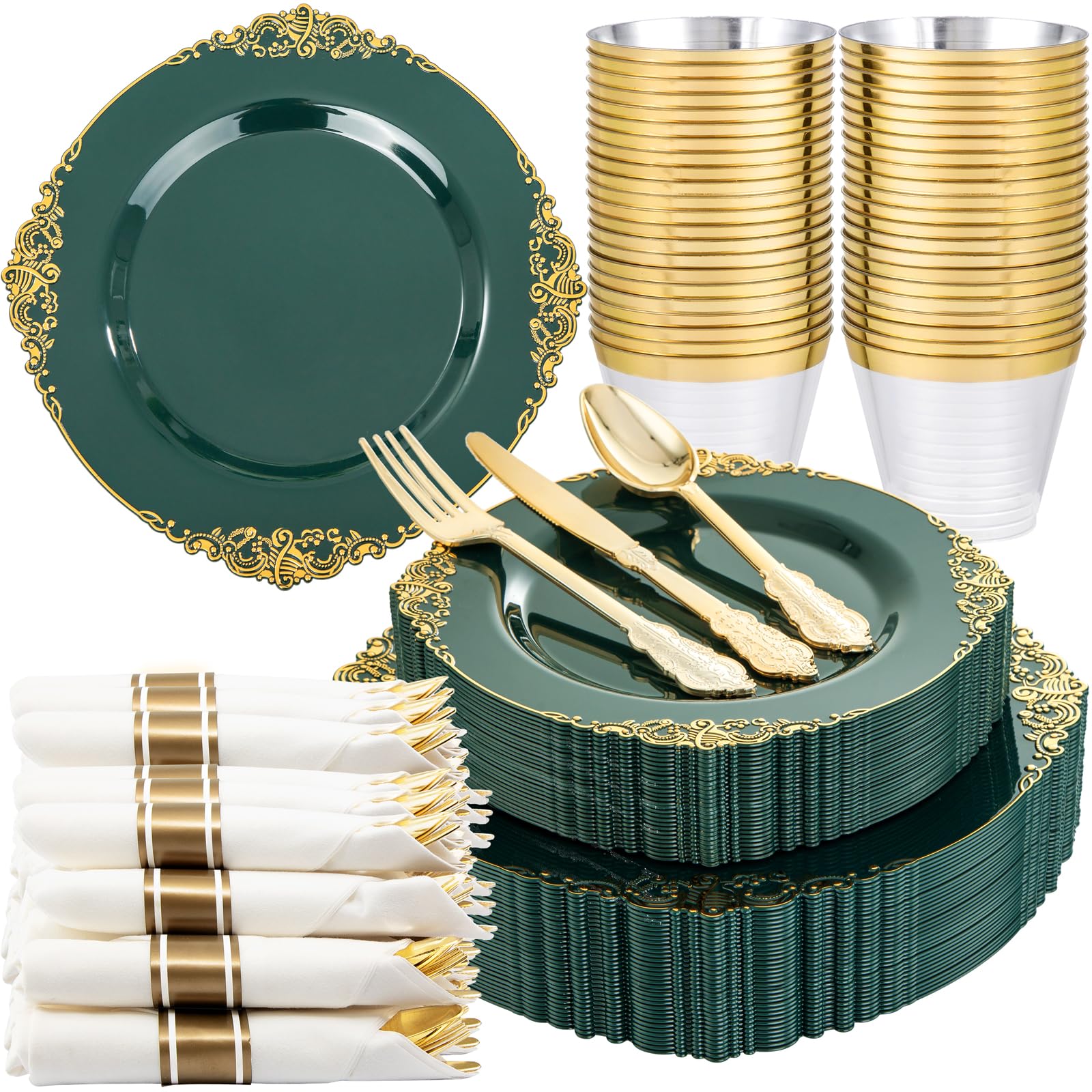 Amazon.com: Nervure 175PCS Green Plastic Plates - Disposable Green Gold ...