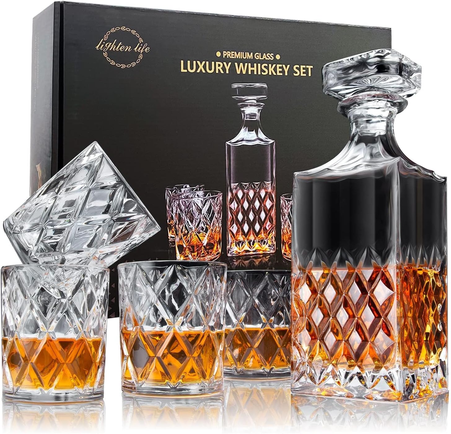 BarCraft Whisky Decanter and Glass Gift Set, Cut Glass 5-piece Set ...