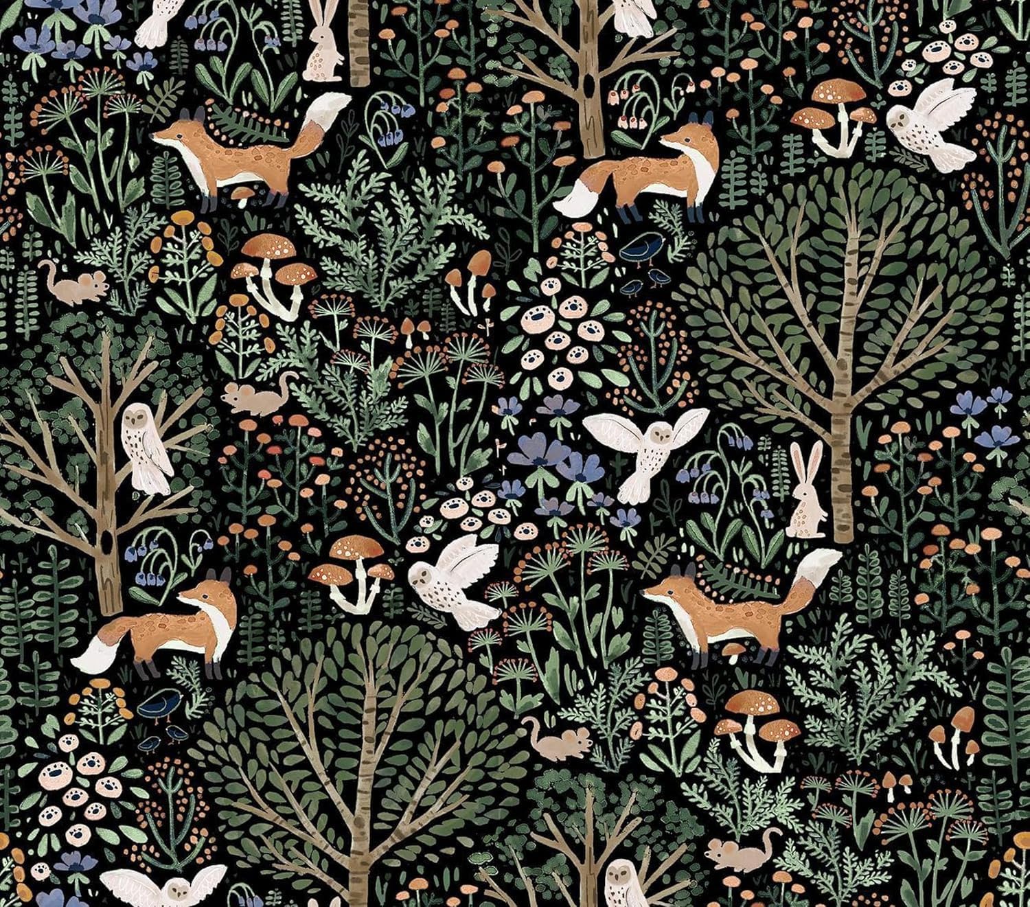 Vintage Dark Black Fairy Forest Animals Mushroom Fox Owl Peel and Stick ...