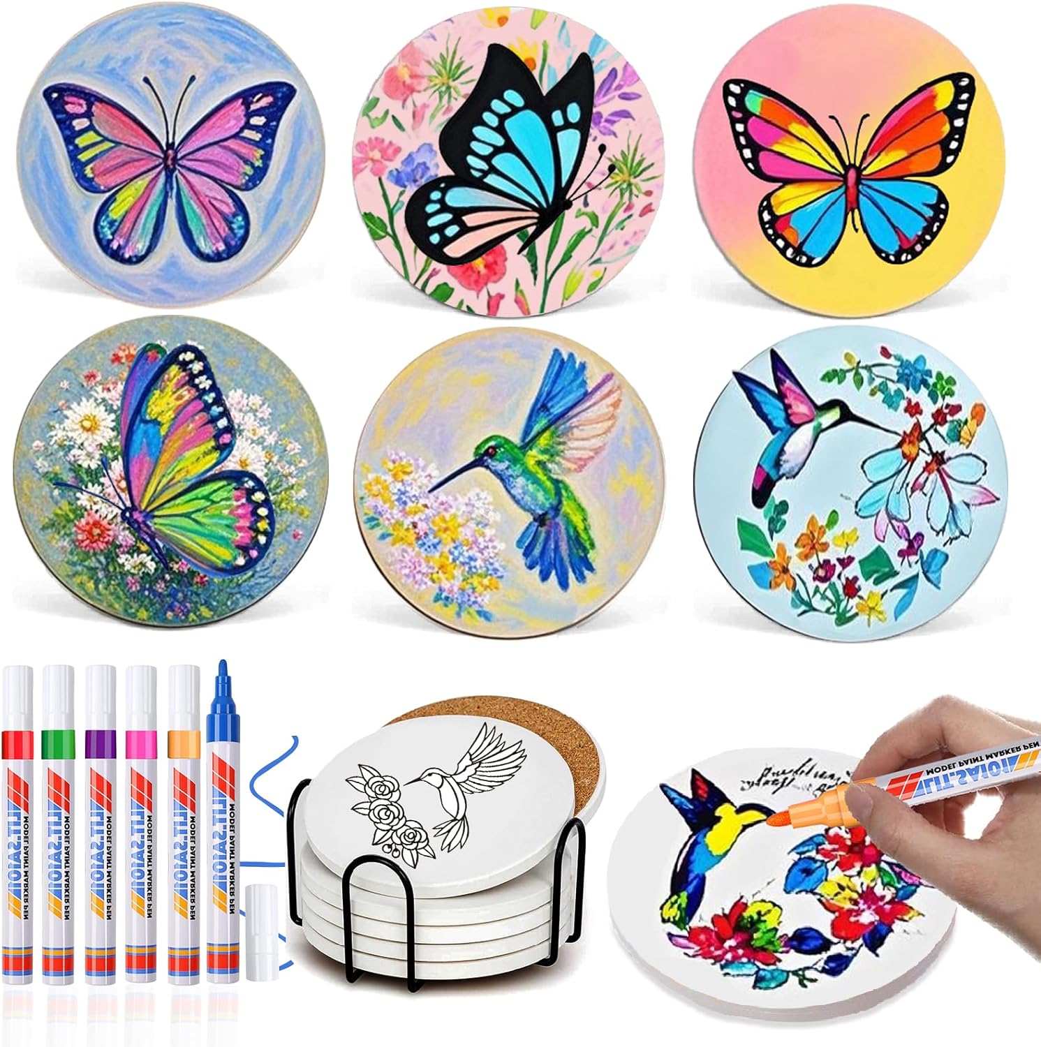 Amazon.com | DoYoMo Paint Your Own Butterfly Coaster with Markers,Craft ...