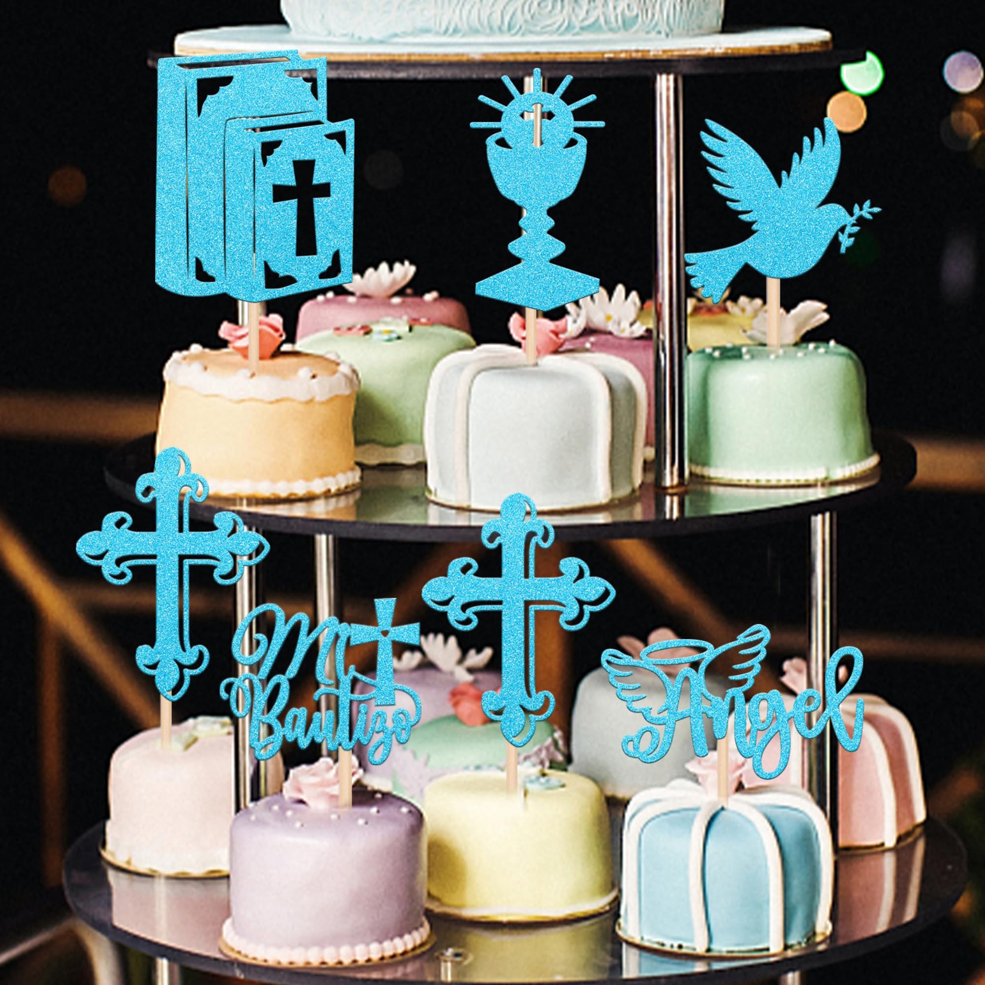 Snapklik.com : 24 PCS Blue Mi Bautizo Cupcake Toppers Glitter Angel God ...