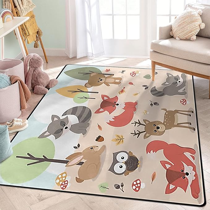 Amazon.com: ALALAL Cartoon Forest Animals Area Rug, Cute Woodland Deer ...
