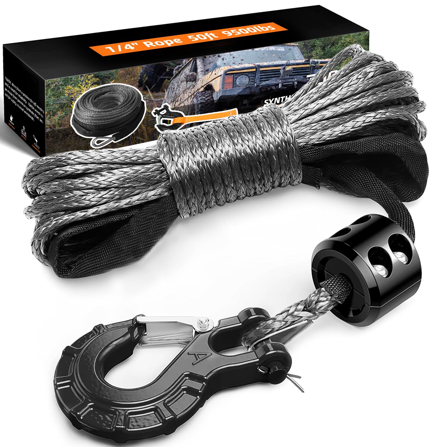 Synthetic Winch Rope with Hook 1/4'' x 50ft, 9500LBS Synthetic Winch ...
