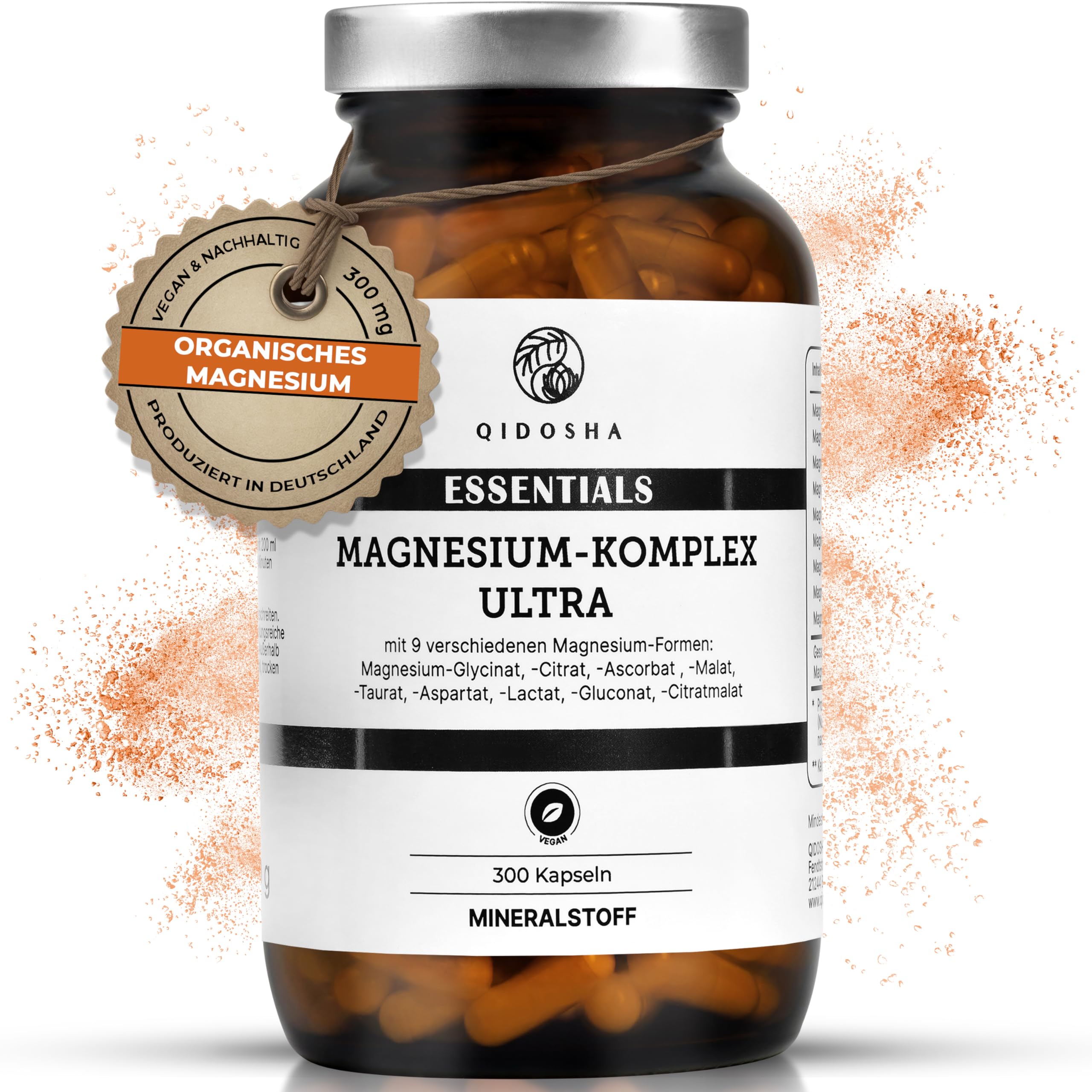 QIDOSHA® Magnesium Komplex hochdosiert, 300 Kapseln im Apothekerglas, 9 ...